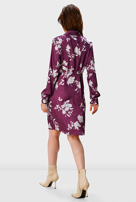 Shop Pleated Floral Print Satin Faux Wrap Dress Eshakti