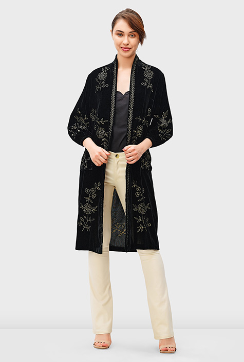 Shop Floral vine embroidery velvet duster | eShakti