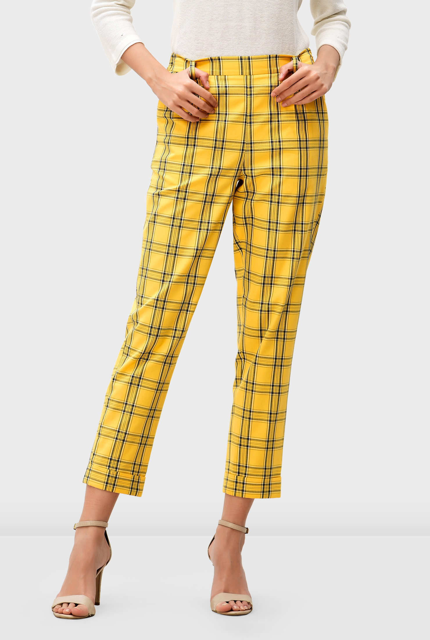 Shop Cotton twill check cropped pants | eShakti