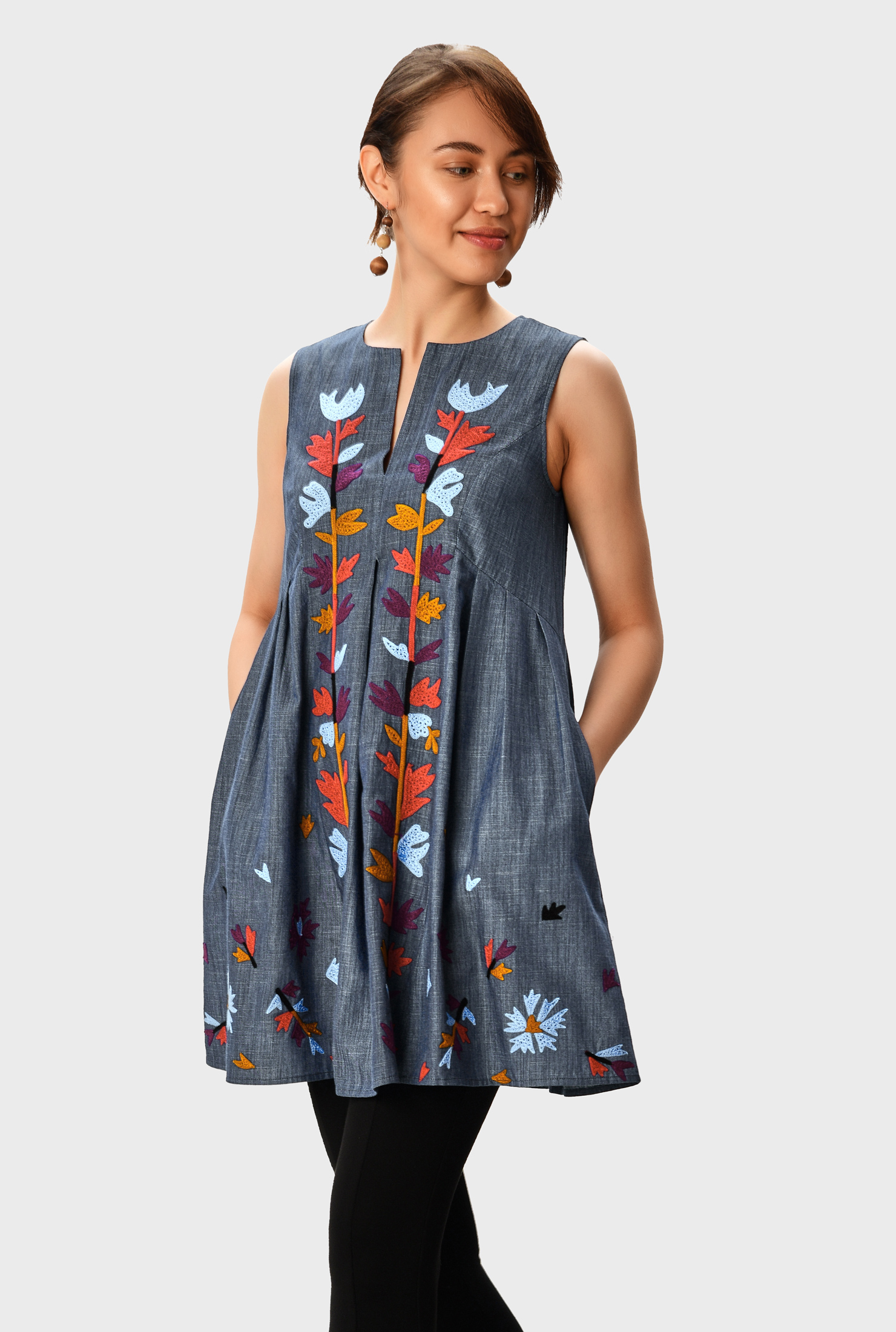 Shop Floral leaf embroidery cotton chambray tunic | eShakti