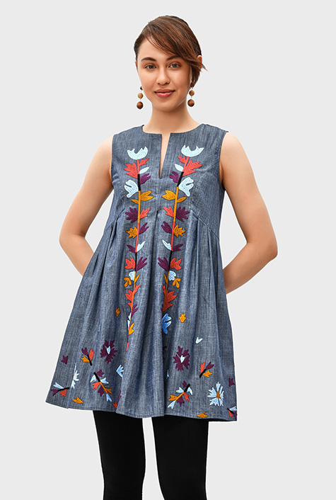 Shop Floral leaf embroidery cotton chambray tunic | eShakti