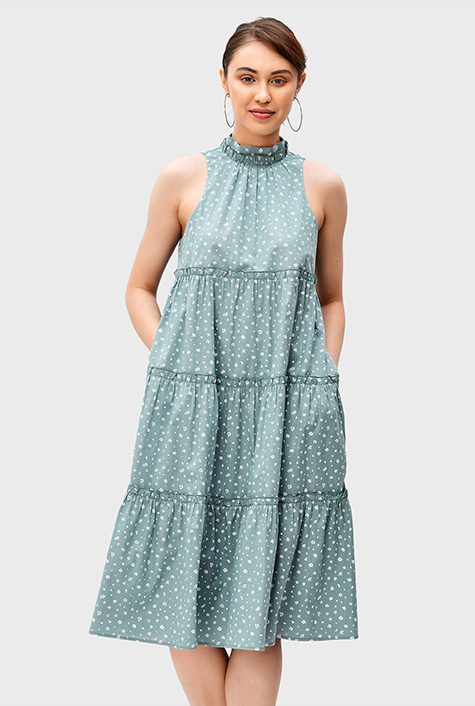 Shop Ruffle frill trim floral print cotton tiered dress | eShakti