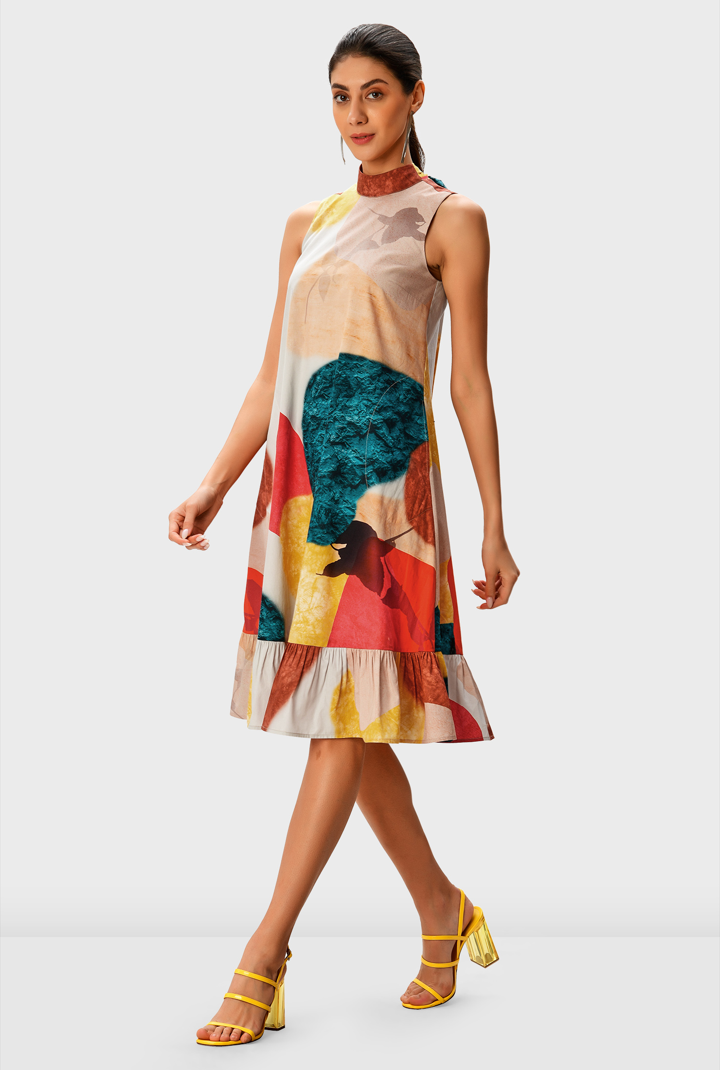 Shop Tie back neck abstract print cotton poplin shift dress | eShakti