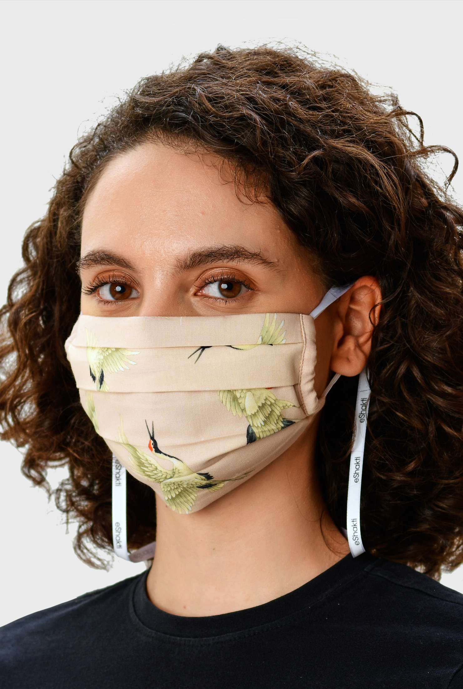 Shop Stork print cotton voile pleated mask | eShakti