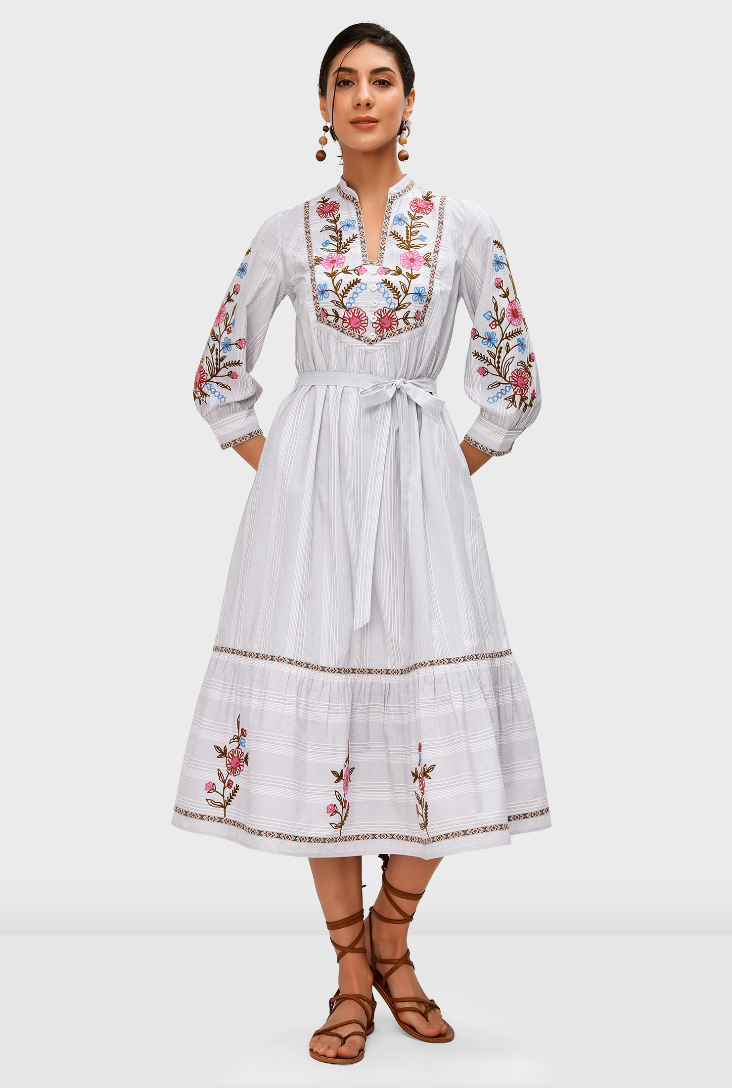 Shop Floral embroidery cotton stripe shift dress | eShakti