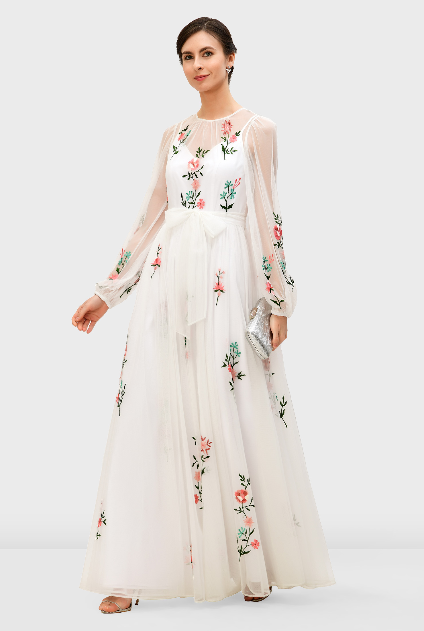 Shop Floral embroidery sheer tulle sash-tie dress | eShakti