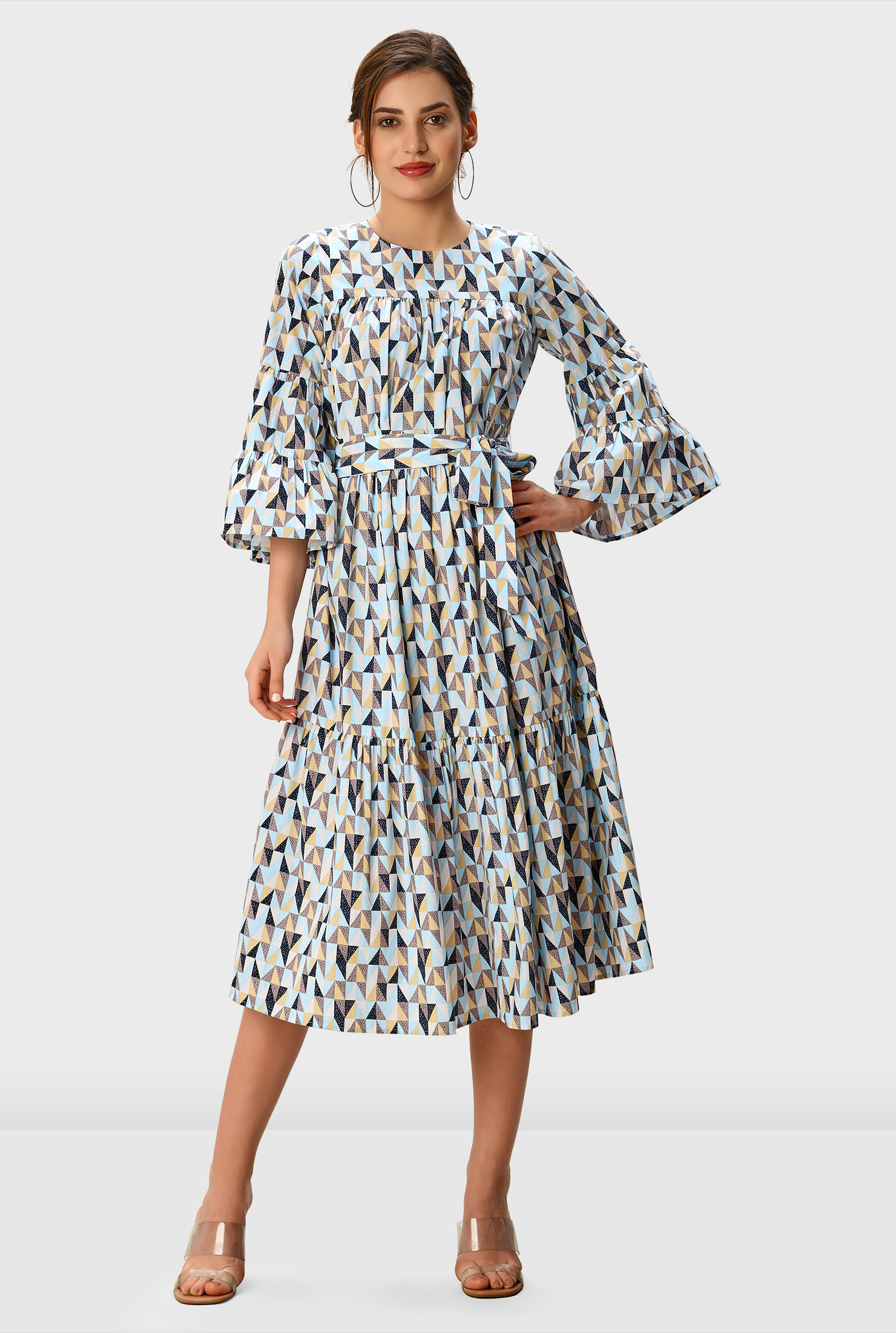 Shop Geo print cotton poplin tiered shift dress | eShakti