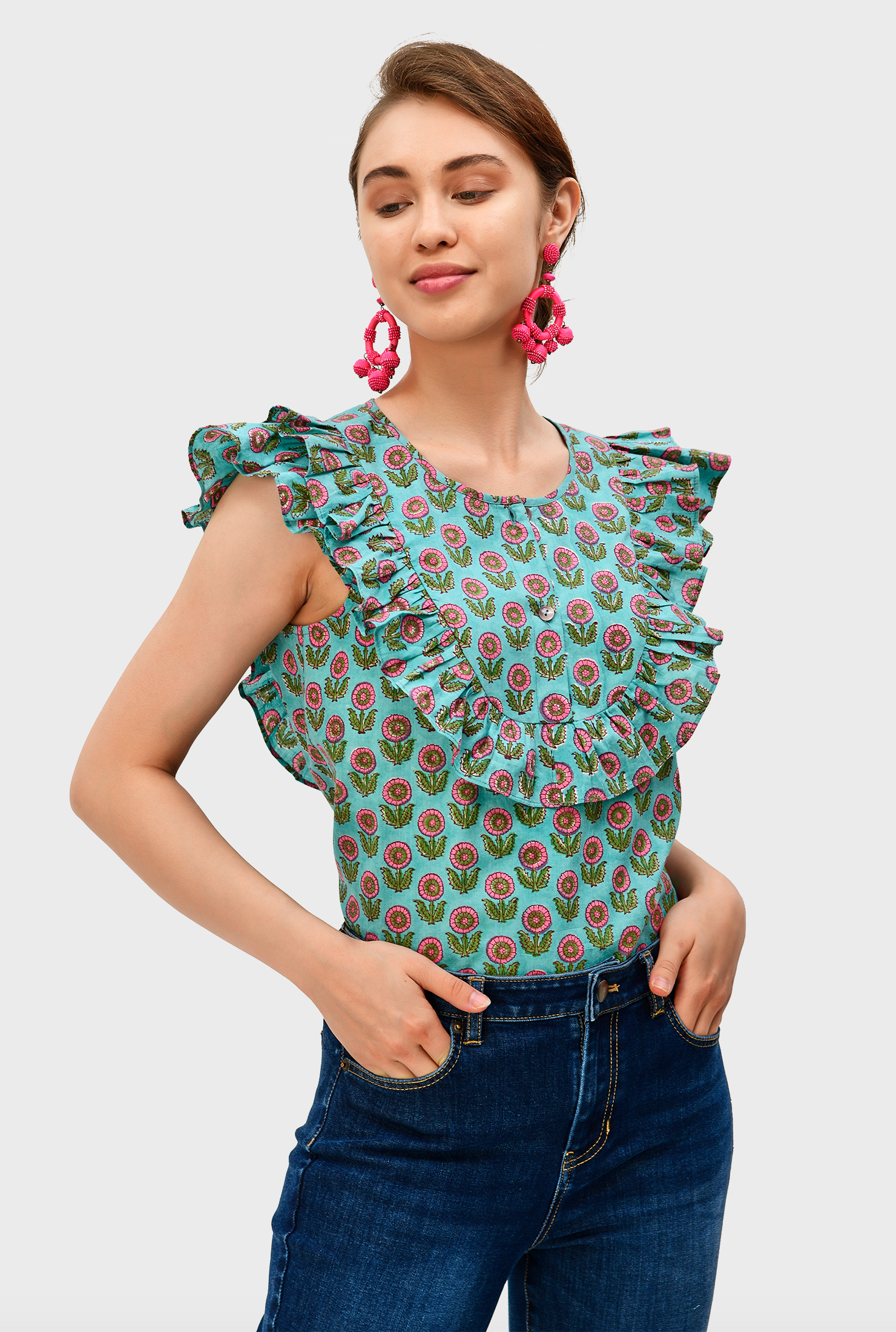 Shop Ruffle floral hand block print top | eShakti