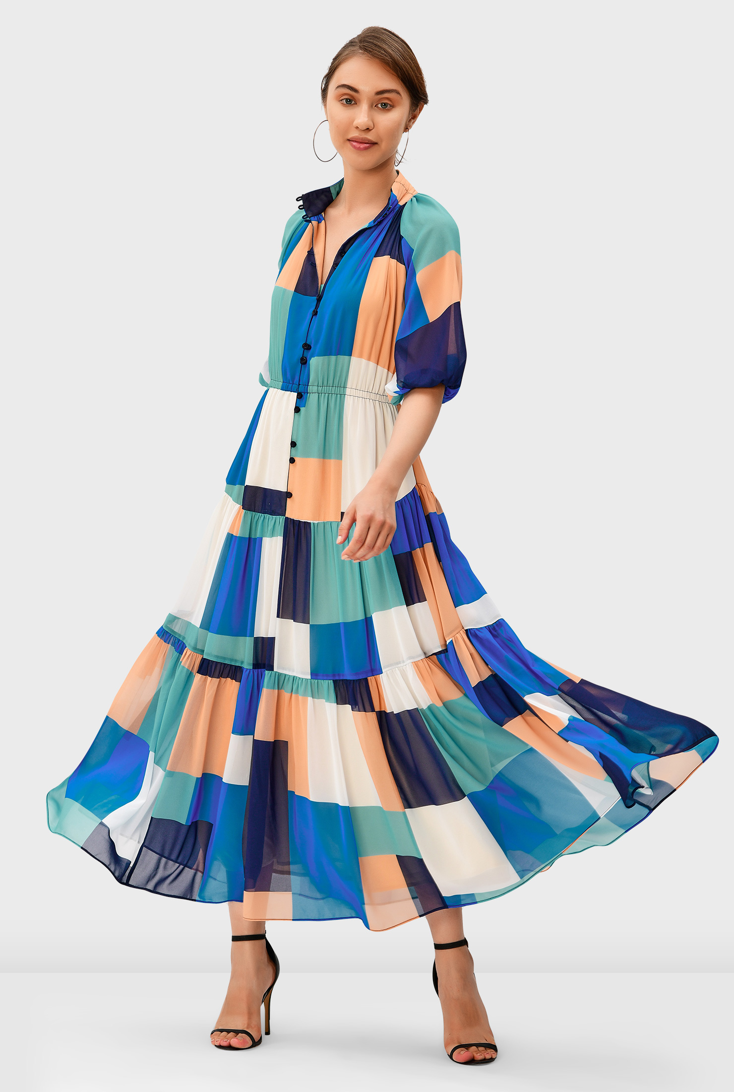 Shop Color block print georgette tiered dress | eShakti
