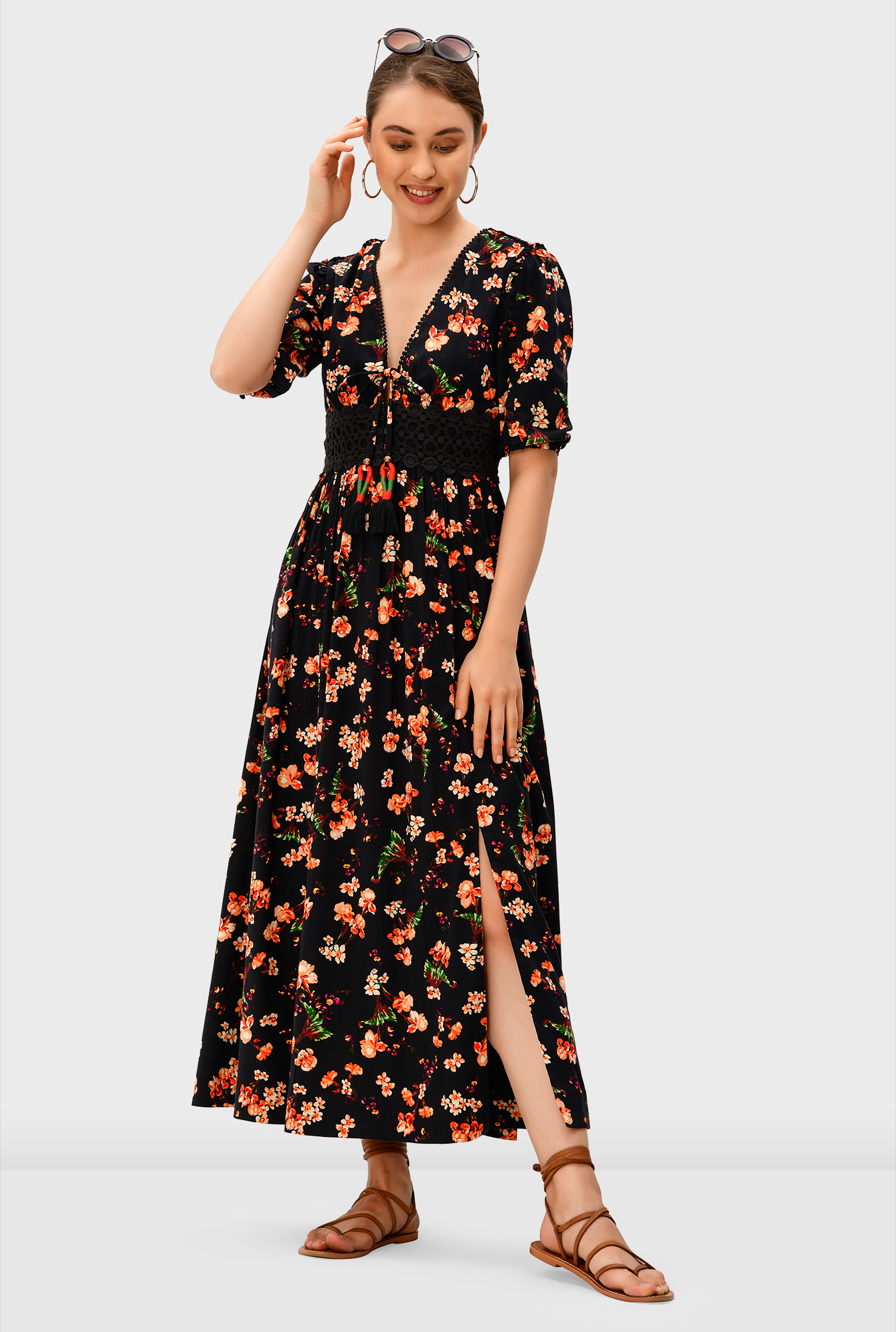 Shop Lace trim floral print vented dress | eShakti