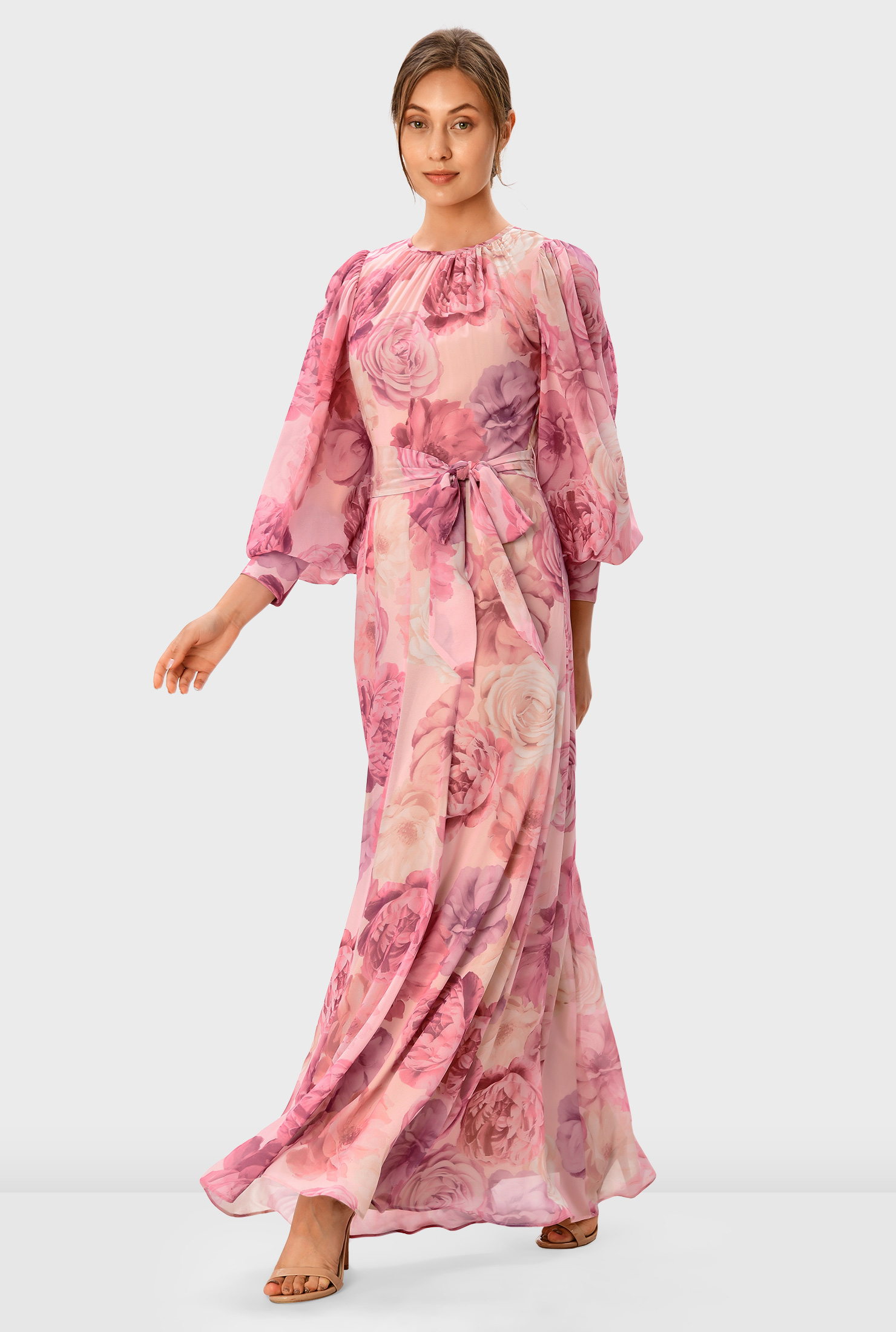 Shop Rose print georgette sash tie dress | eShakti
