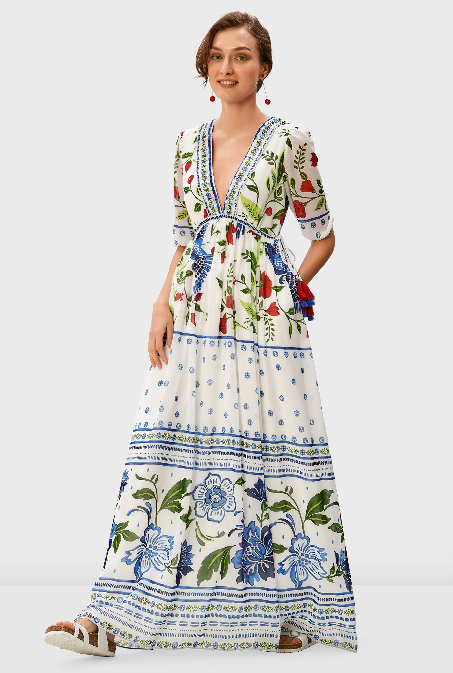 Shop Floral bird print georgette drawstring dress | eShakti