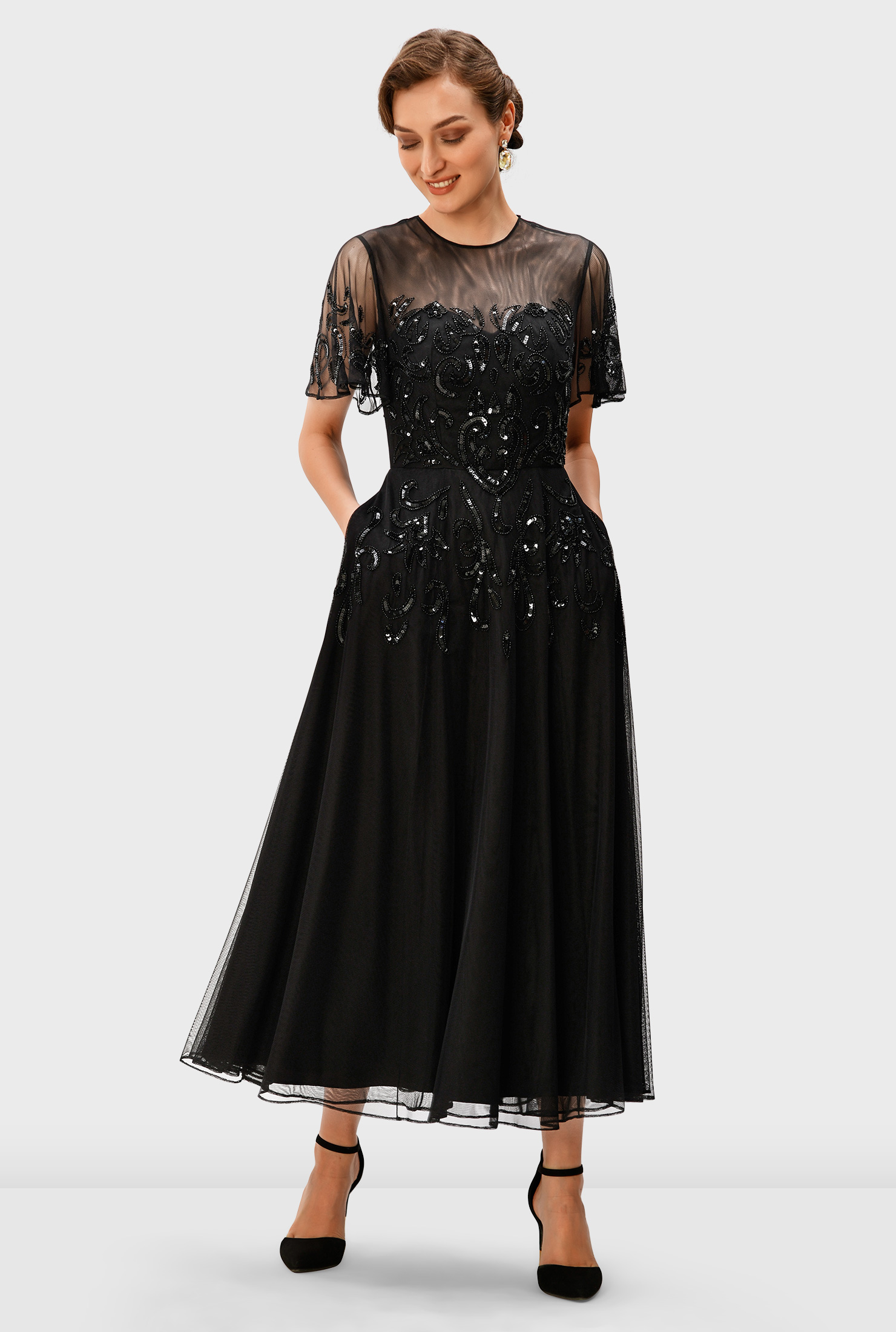 Shop Beaded sheer tulle fit-and-flare dress | eShakti