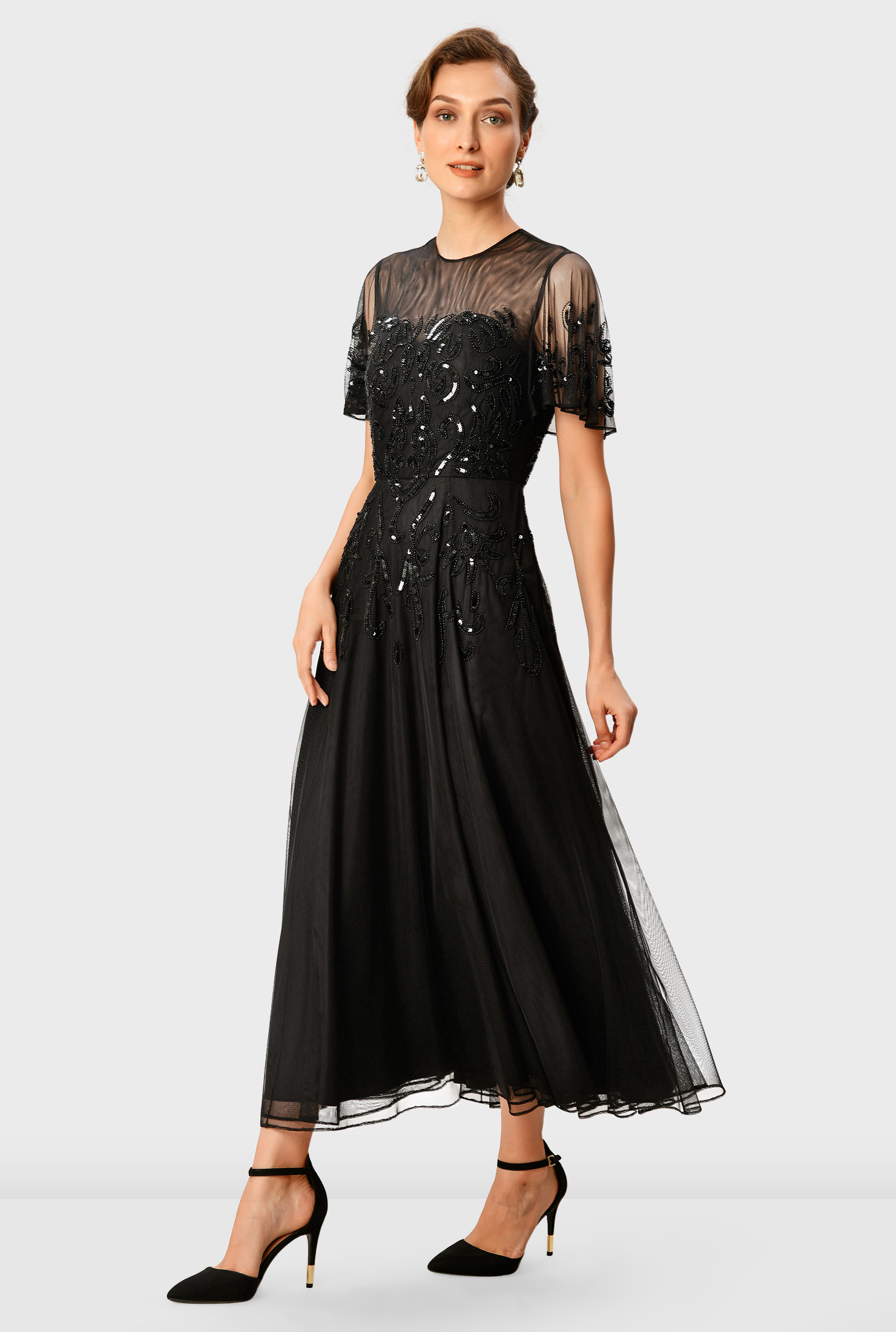 Shop Beaded sheer tulle fit-and-flare dress | eShakti