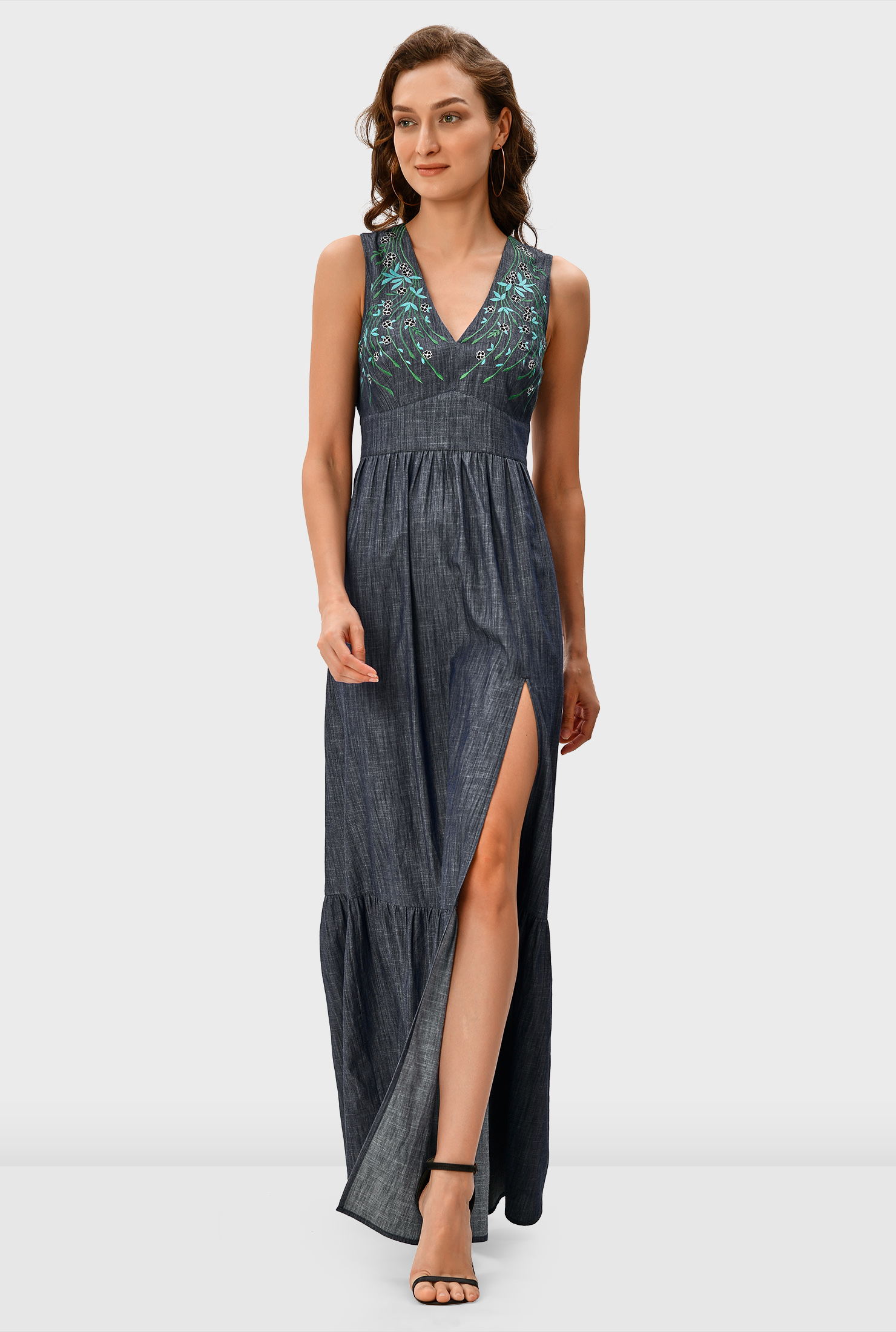 Shop Floral embroidery cotton chambray vented dress | eShakti