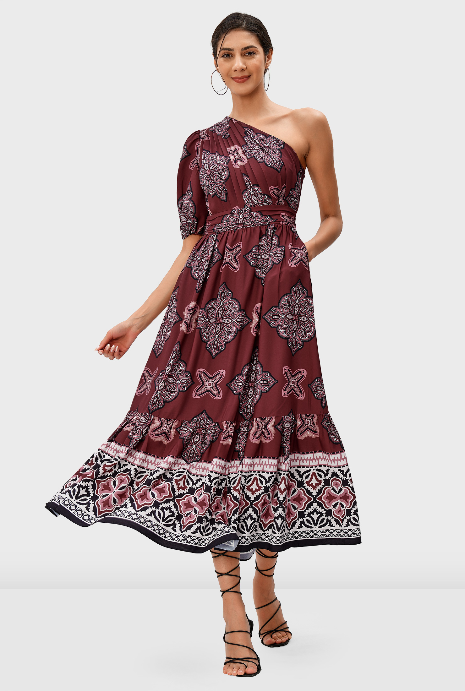 Shop One-shoulder tile print crepe ruffle flounce dress | eShakti