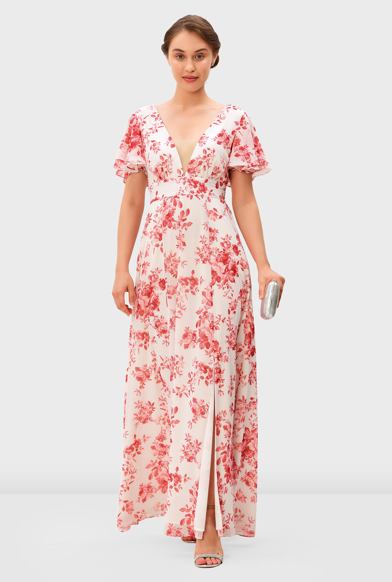 Shop Flutter sleeve floral print georgette vented dress | eShakti