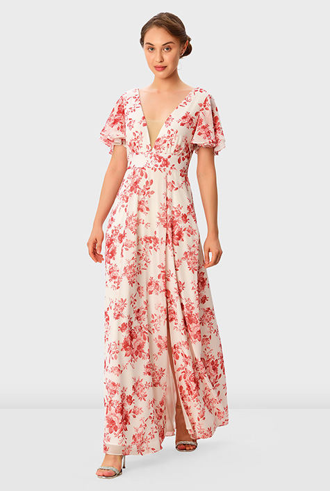 Shop Flutter sleeve floral print georgette vented dress | eShakti