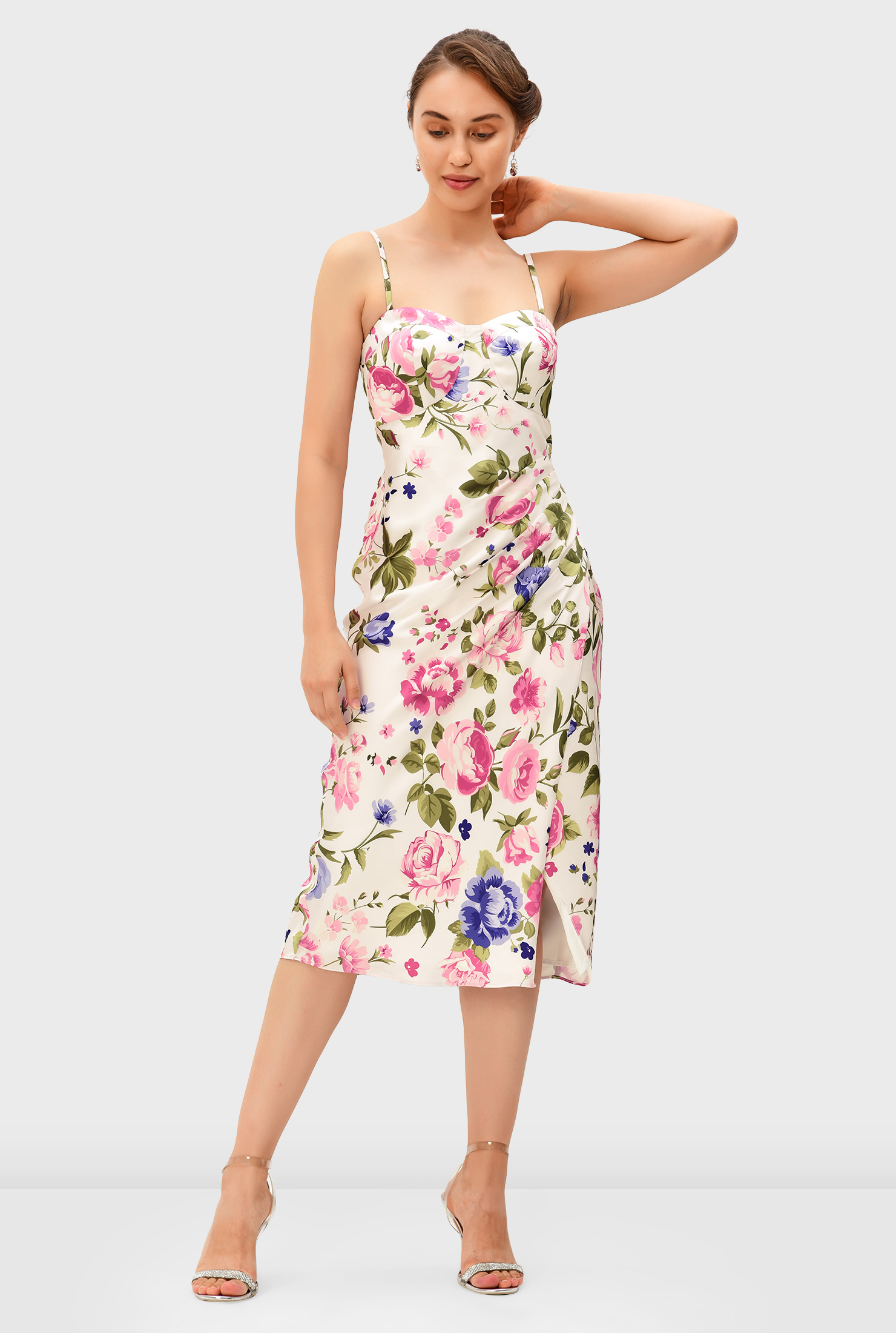 Shop Rose print satin vented sheath dress | eShakti