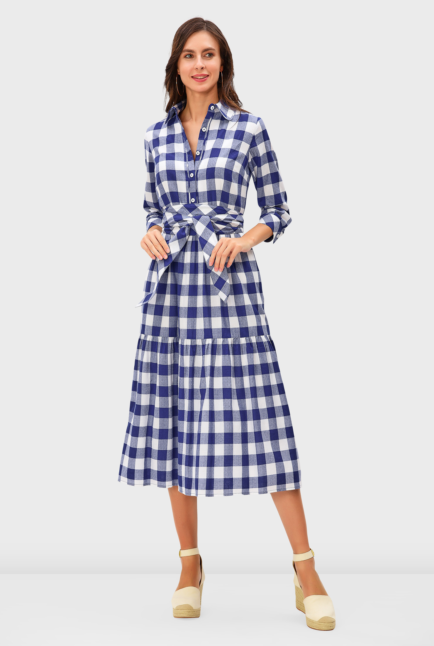 Shop Obi belt dot dobby check tiered shirtdress | eShakti