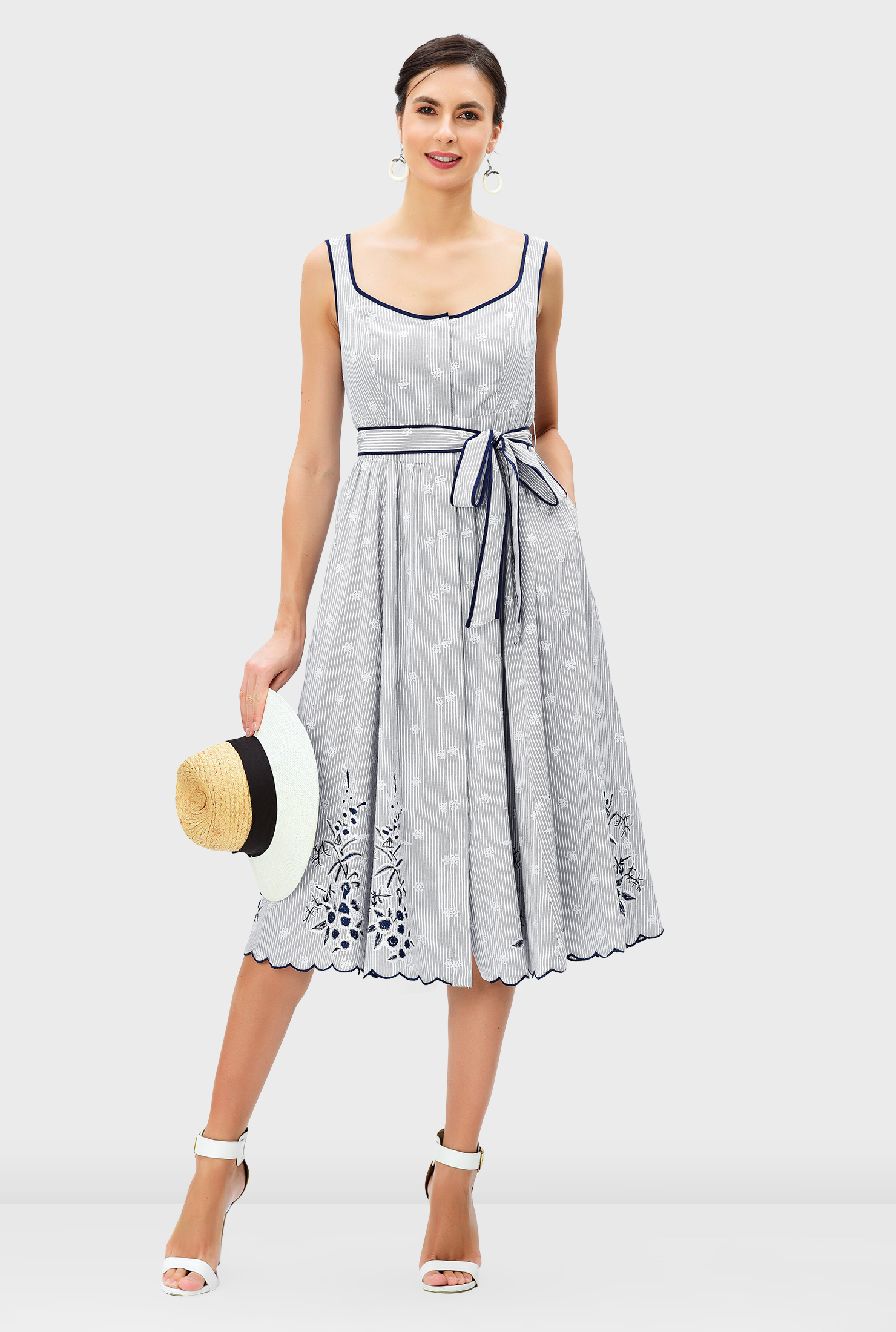 Shop Contrast trim floral embroidery stripe cotton sundress | eShakti