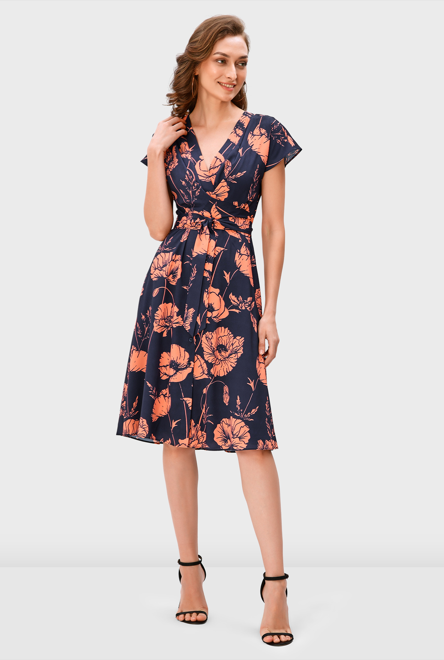 Shop Tie waist floral print crepe vented dress | eShakti