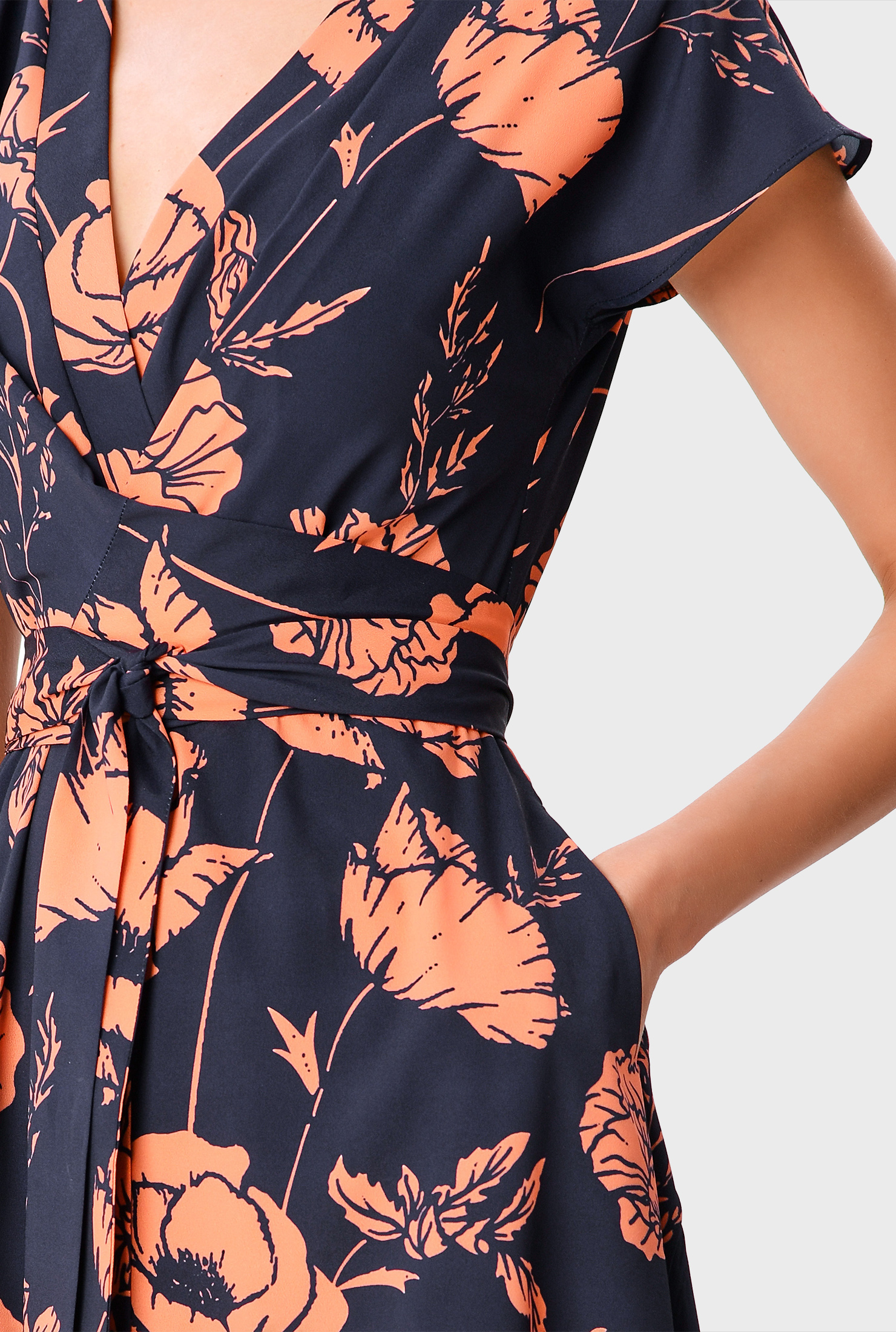 Shop Tie waist floral print crepe vented dress | eShakti