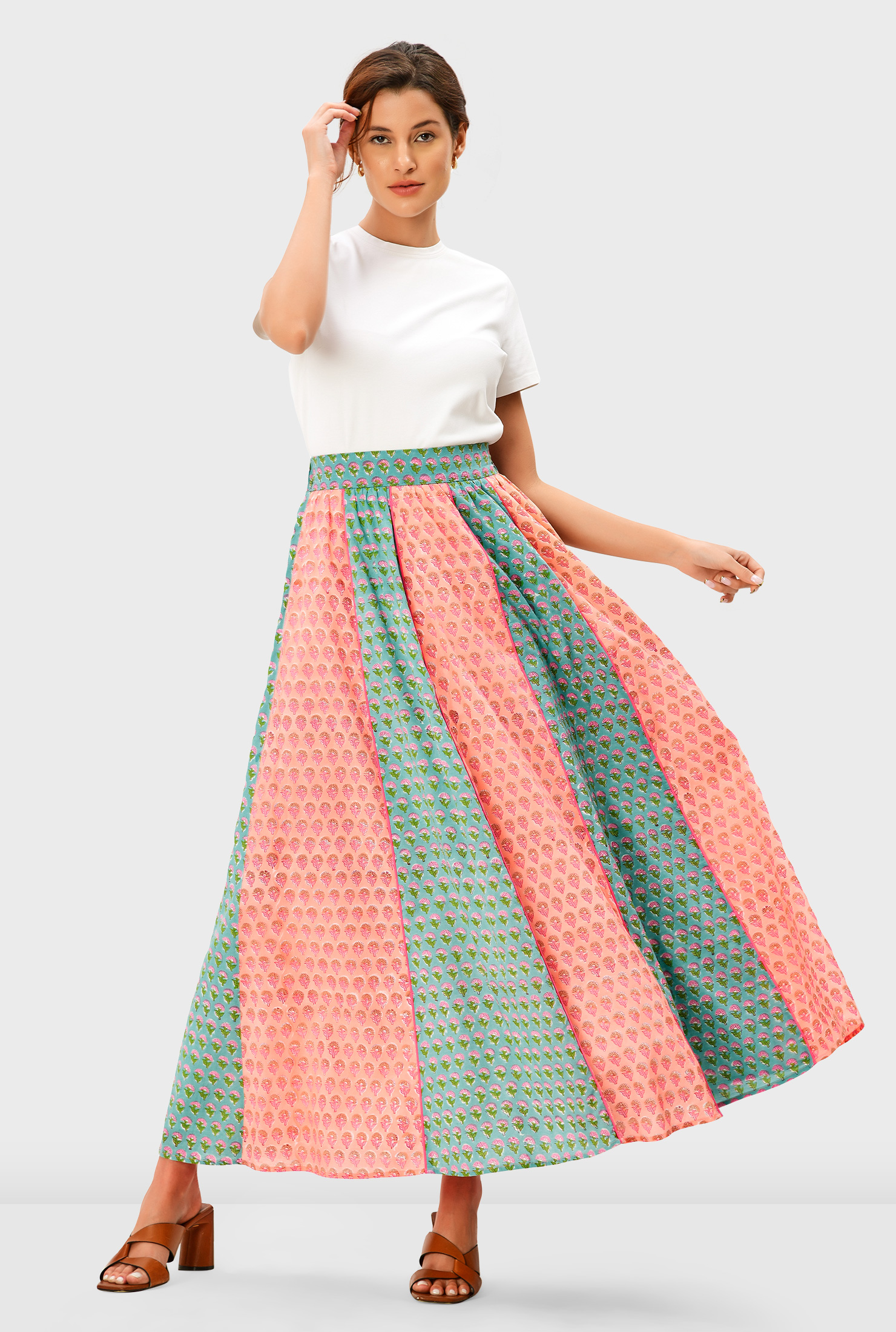 Shop Floral hand block print cotton color block skirt | eShakti
