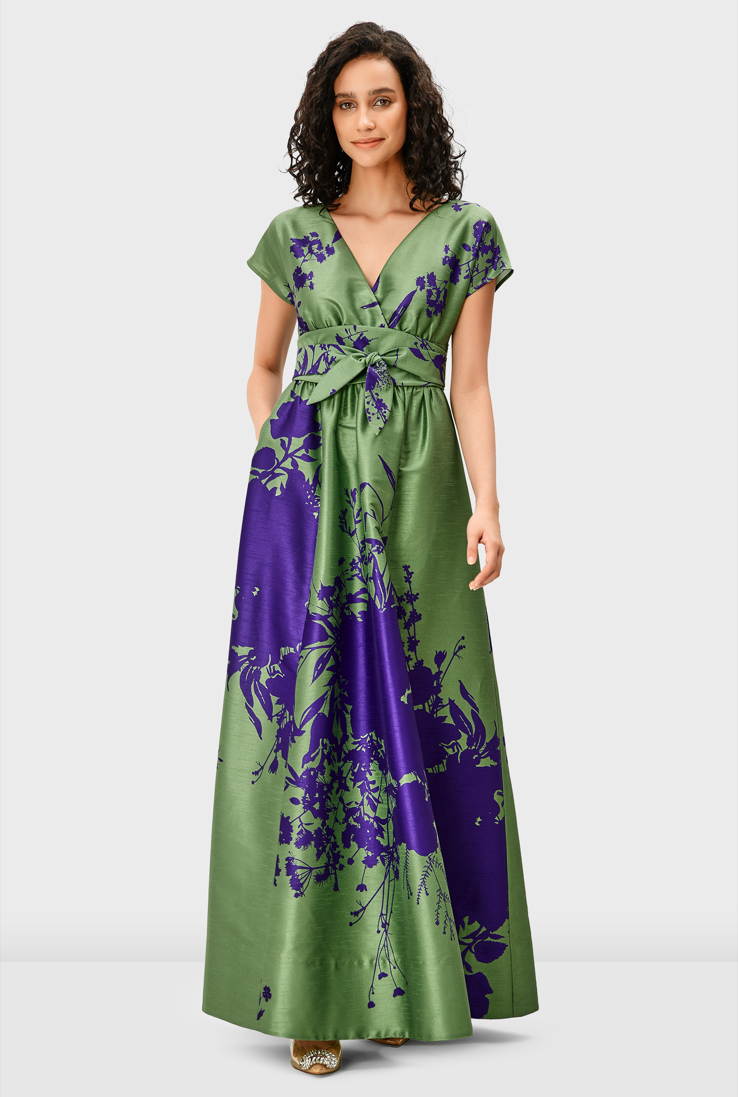 Shop Obi belt floral print dupioni surplice maxi dress | eShakti