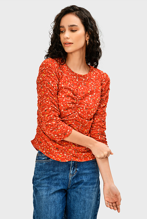Shop Ruched ditsy floral print cotton top | eShakti