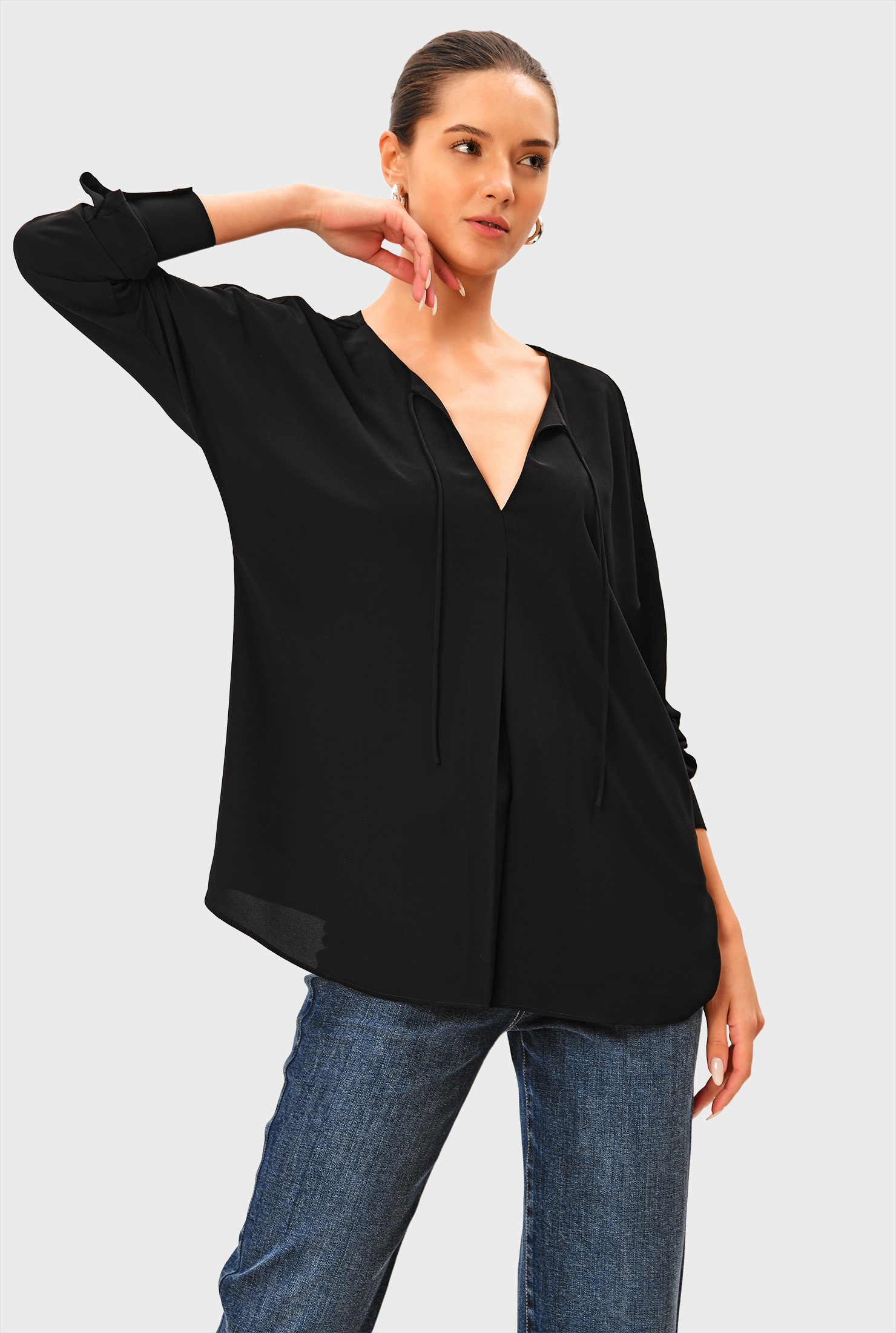 Shop Keyhole front fine crepe twill top | eShakti