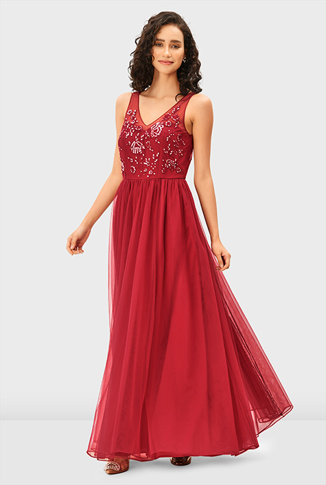 Shop Sequin floral embellished sheer mesh dress | eShakti