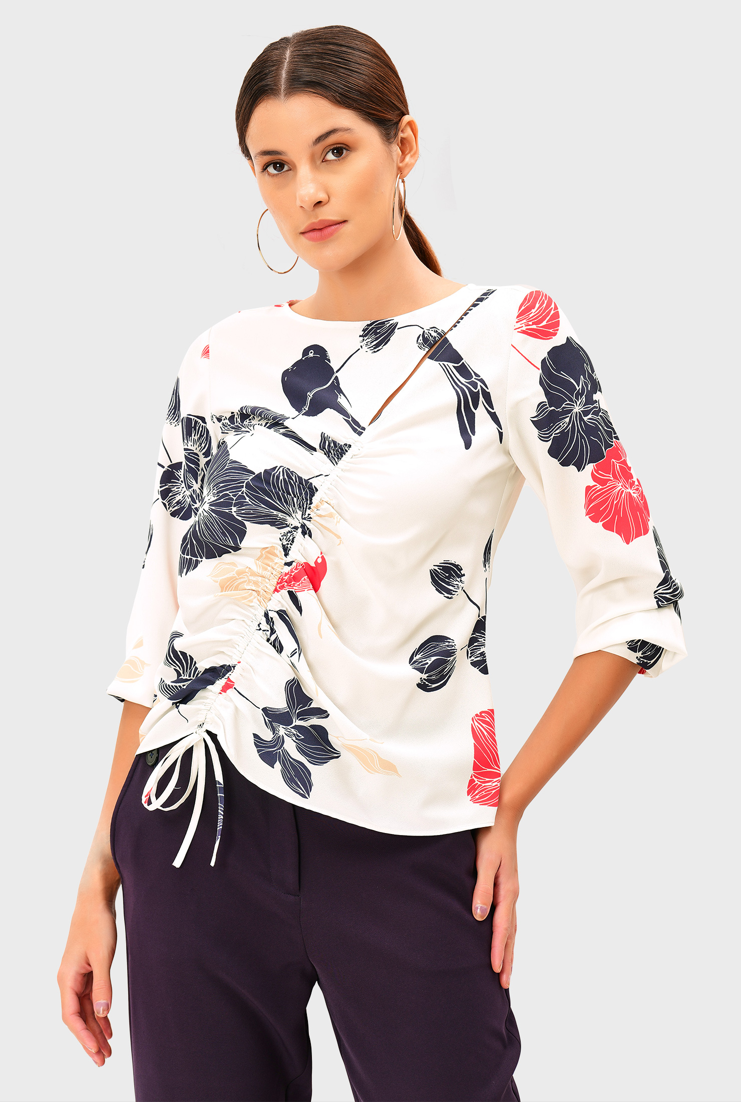 Shop Floral print crepe drawstring top | eShakti