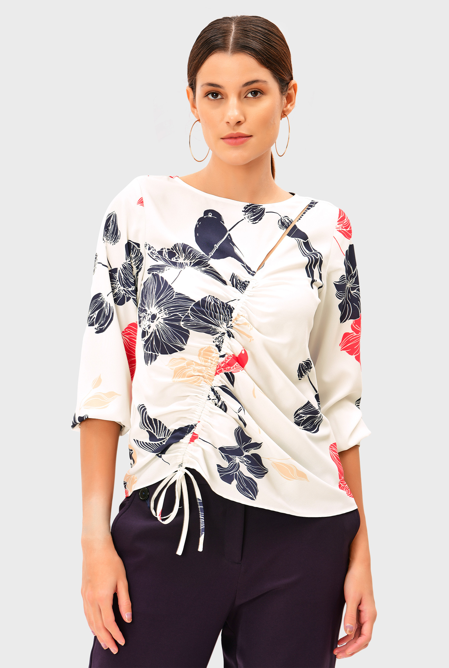 Shop Floral print crepe drawstring top | eShakti