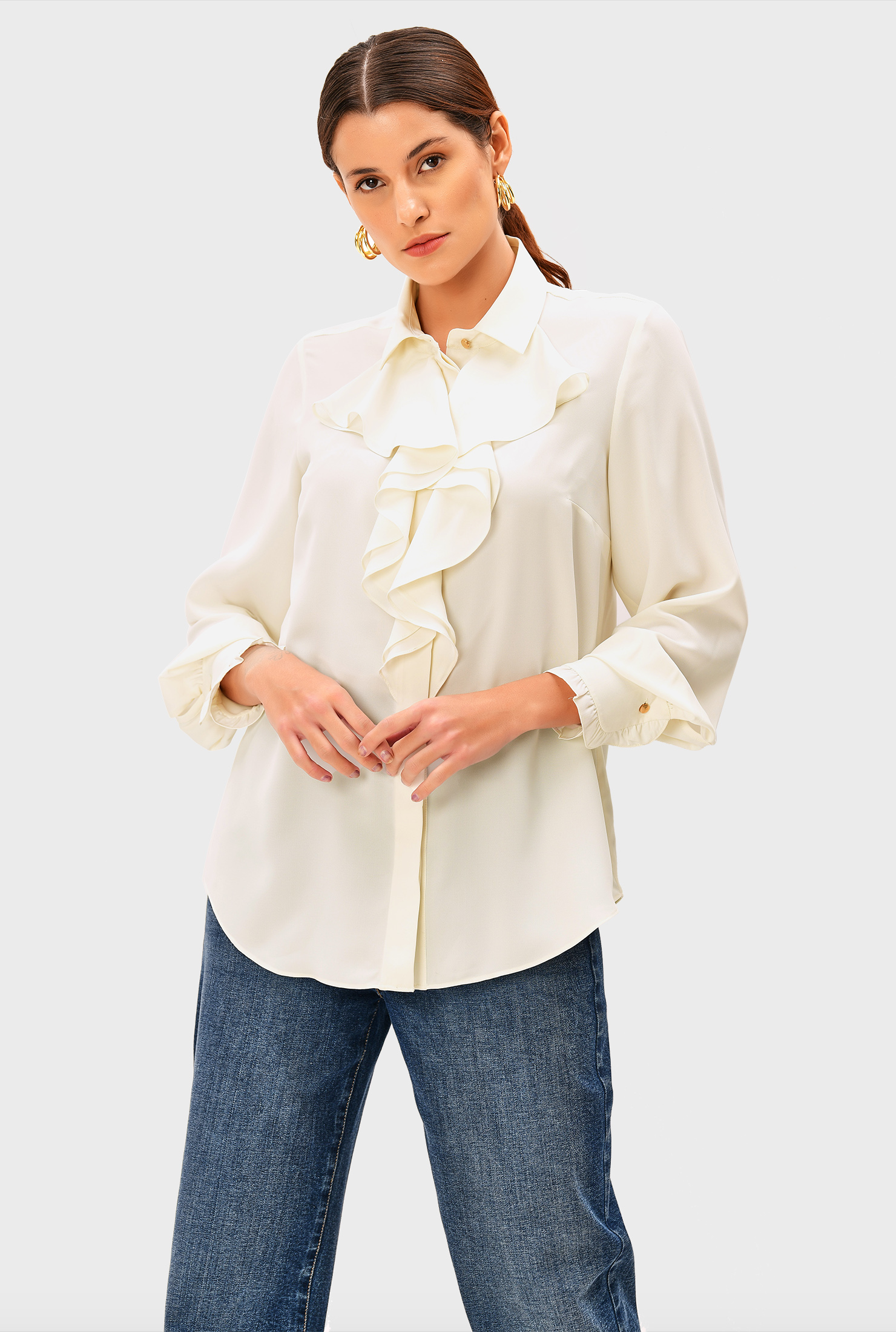 Shop Ruffle frill fine crepe twill shirt | eShakti