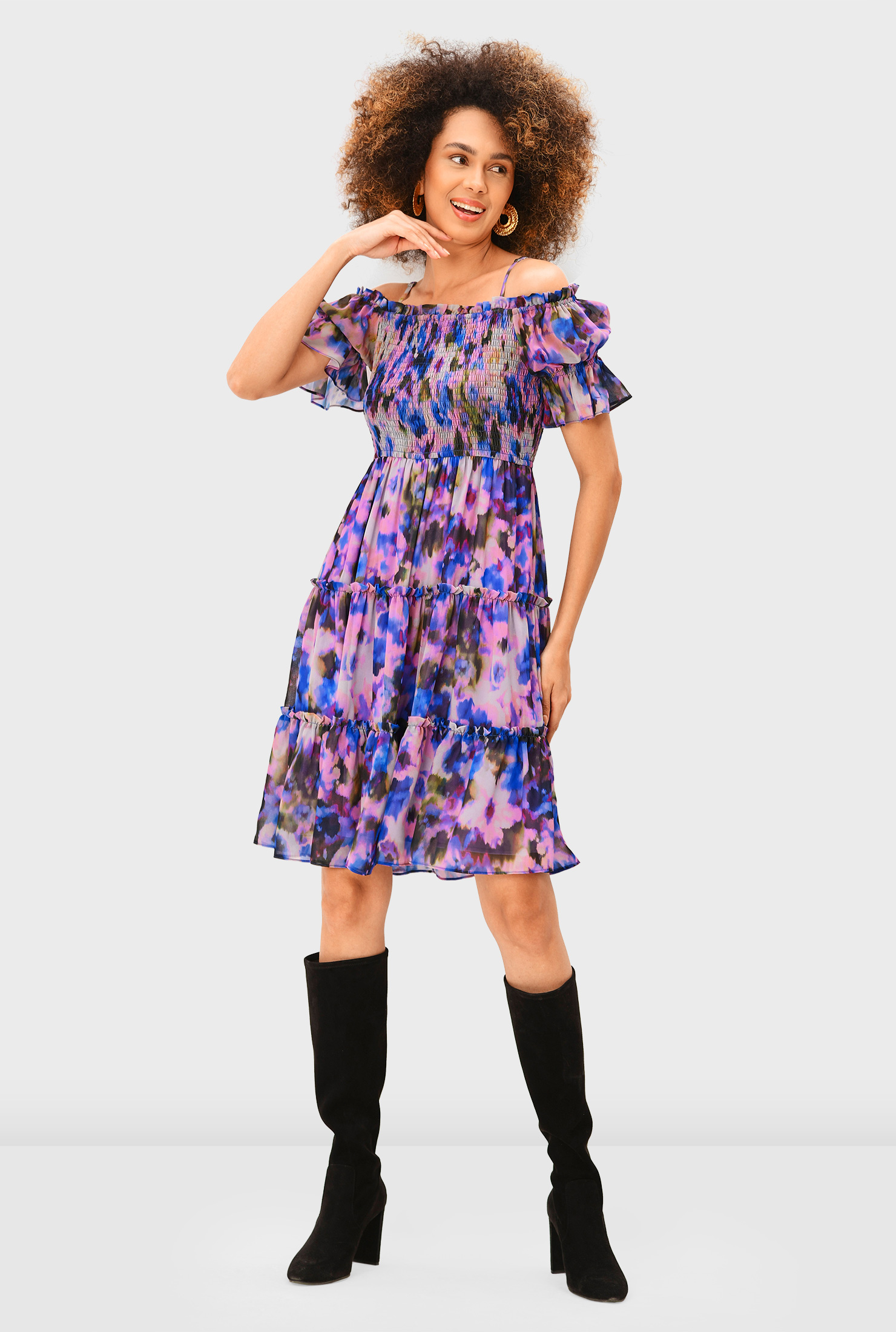Shop Ruffle floral print georgette smocked tier dress | eShakti