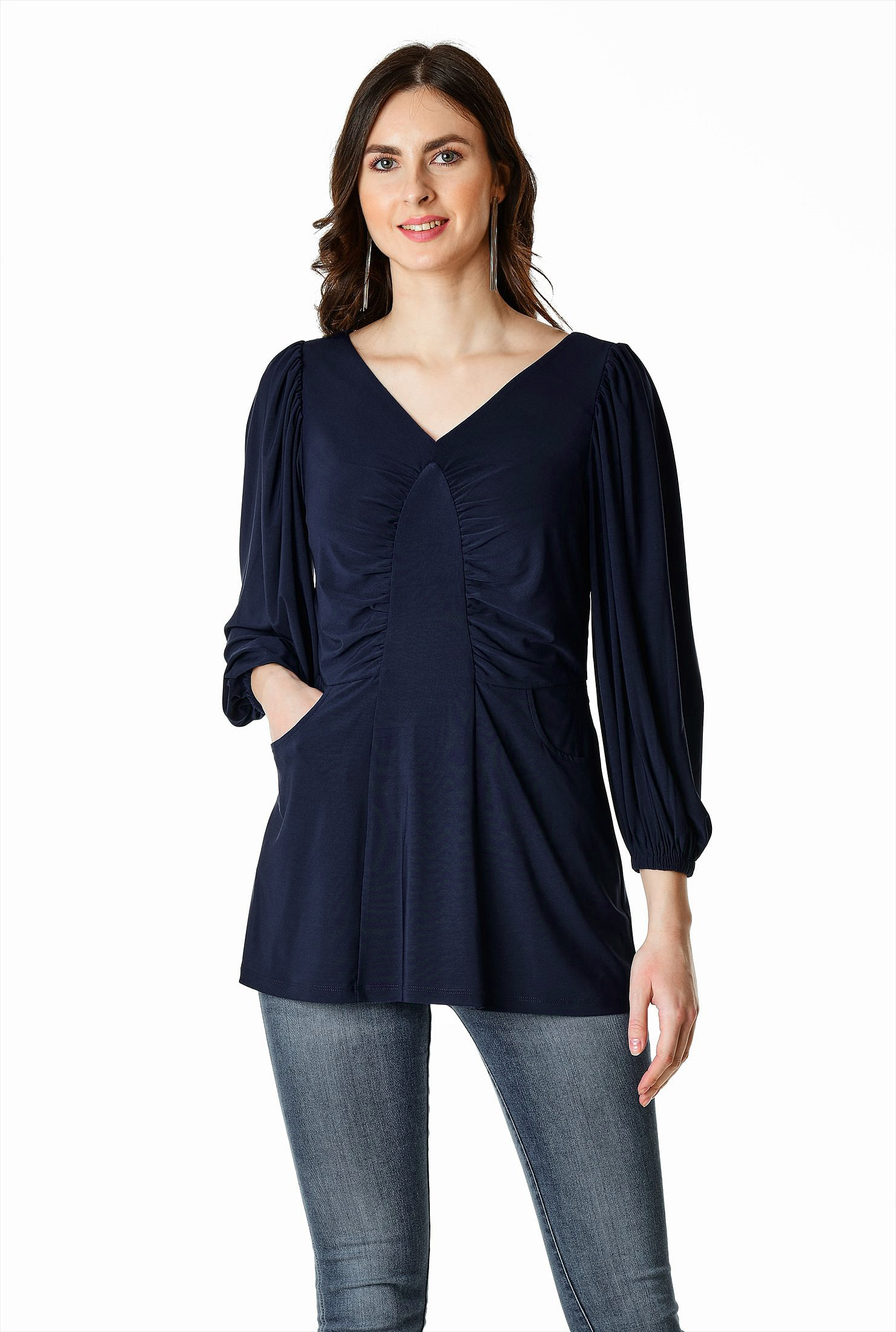 Shop Billowy sleeve jersey knit ruched top | eShakti