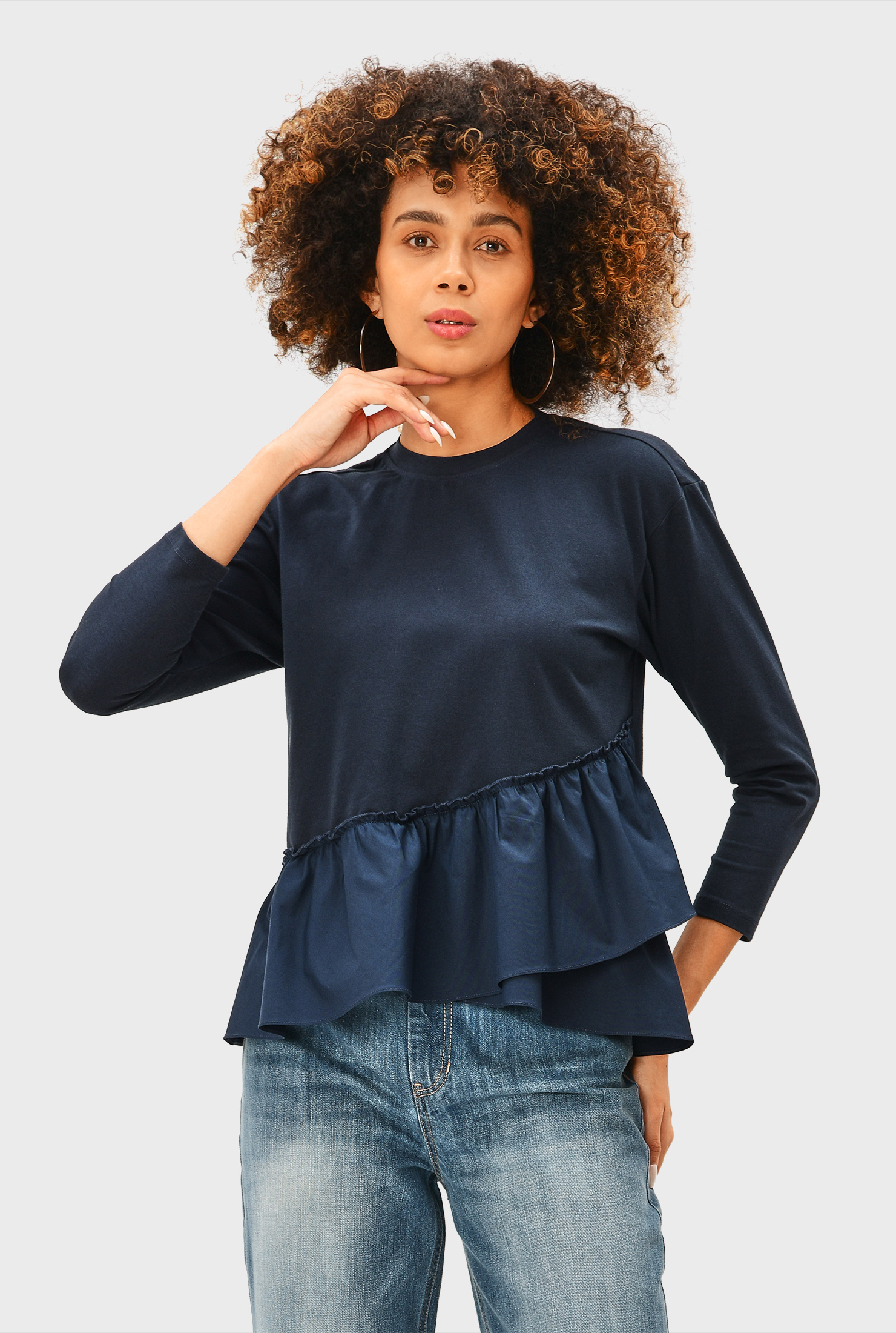 Shop Ruffle poplin cotton jersey top | eShakti