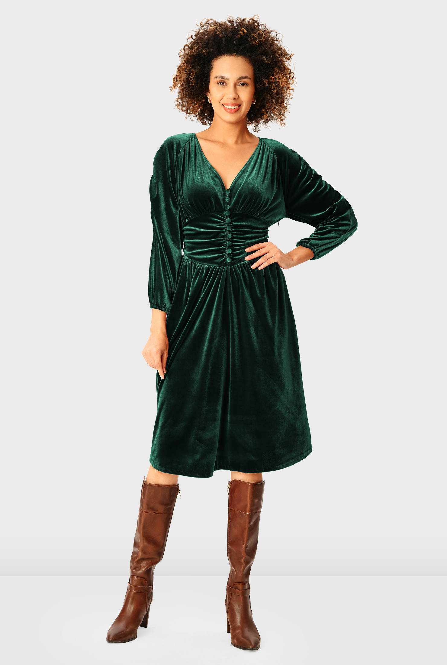 Shop Ruched waist stretch velvet dress | eShakti