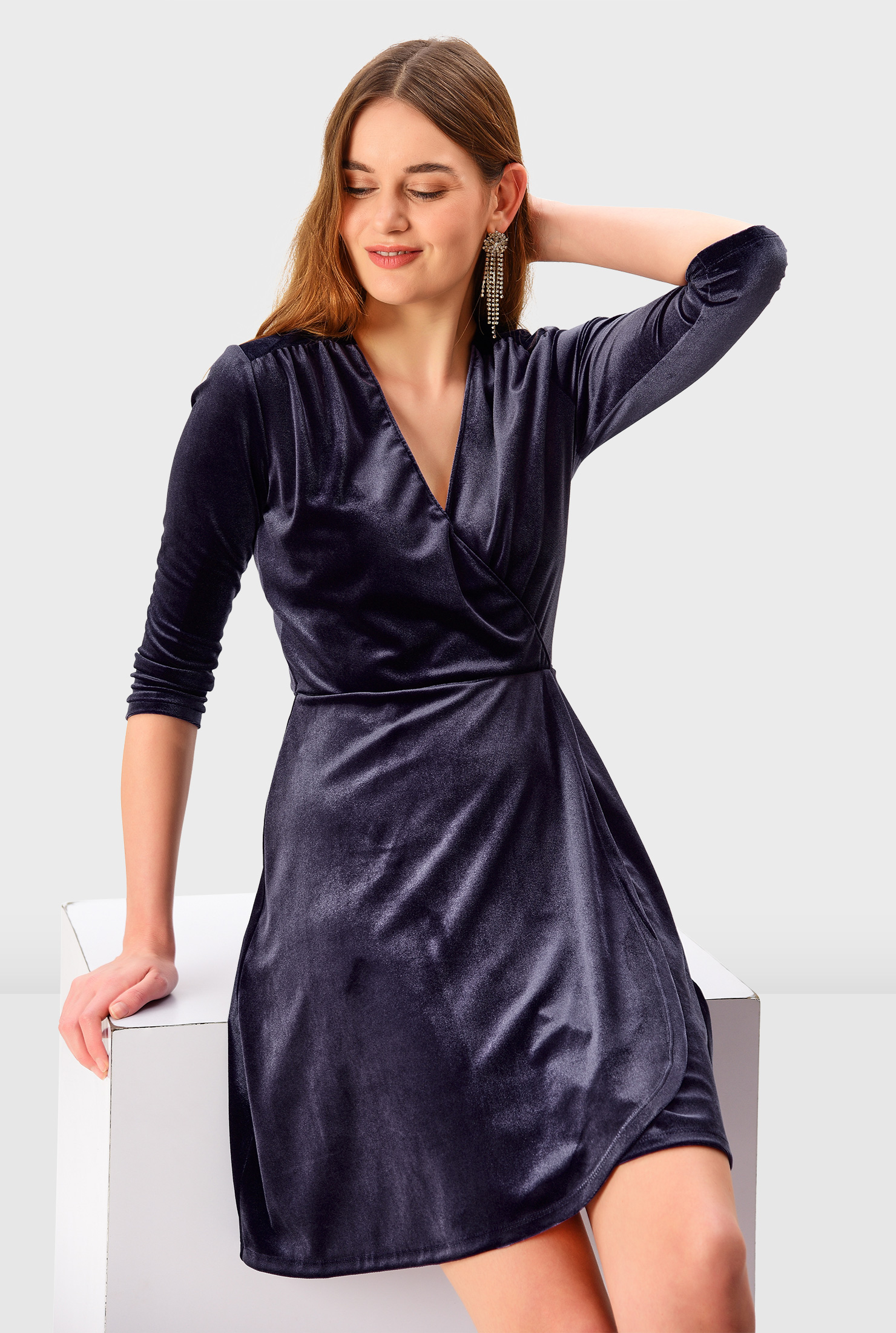 Shop Stretch velvet faux wrap dress | eShakti
