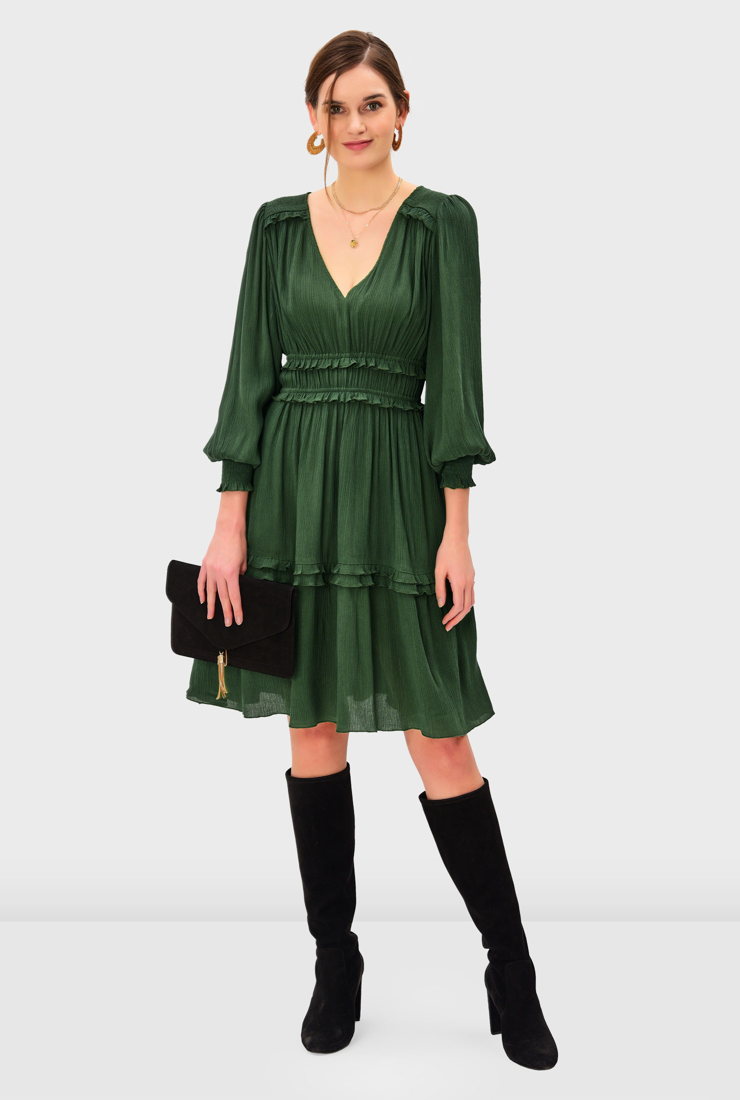 Shop Ruffle frill rayon crinkle tiered dress | eShakti