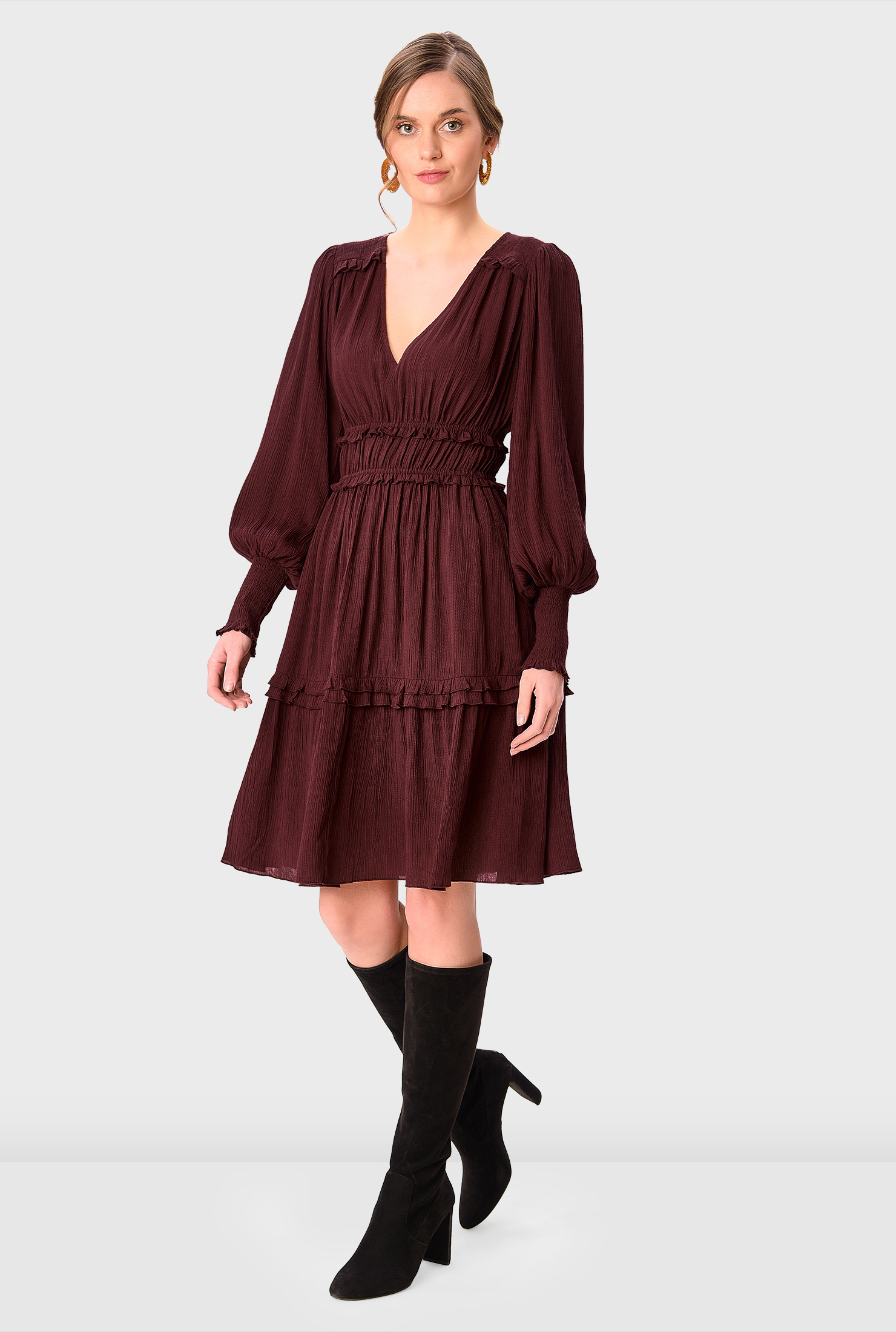 Shop Ruffle frill rayon crinkle tiered dress | eShakti