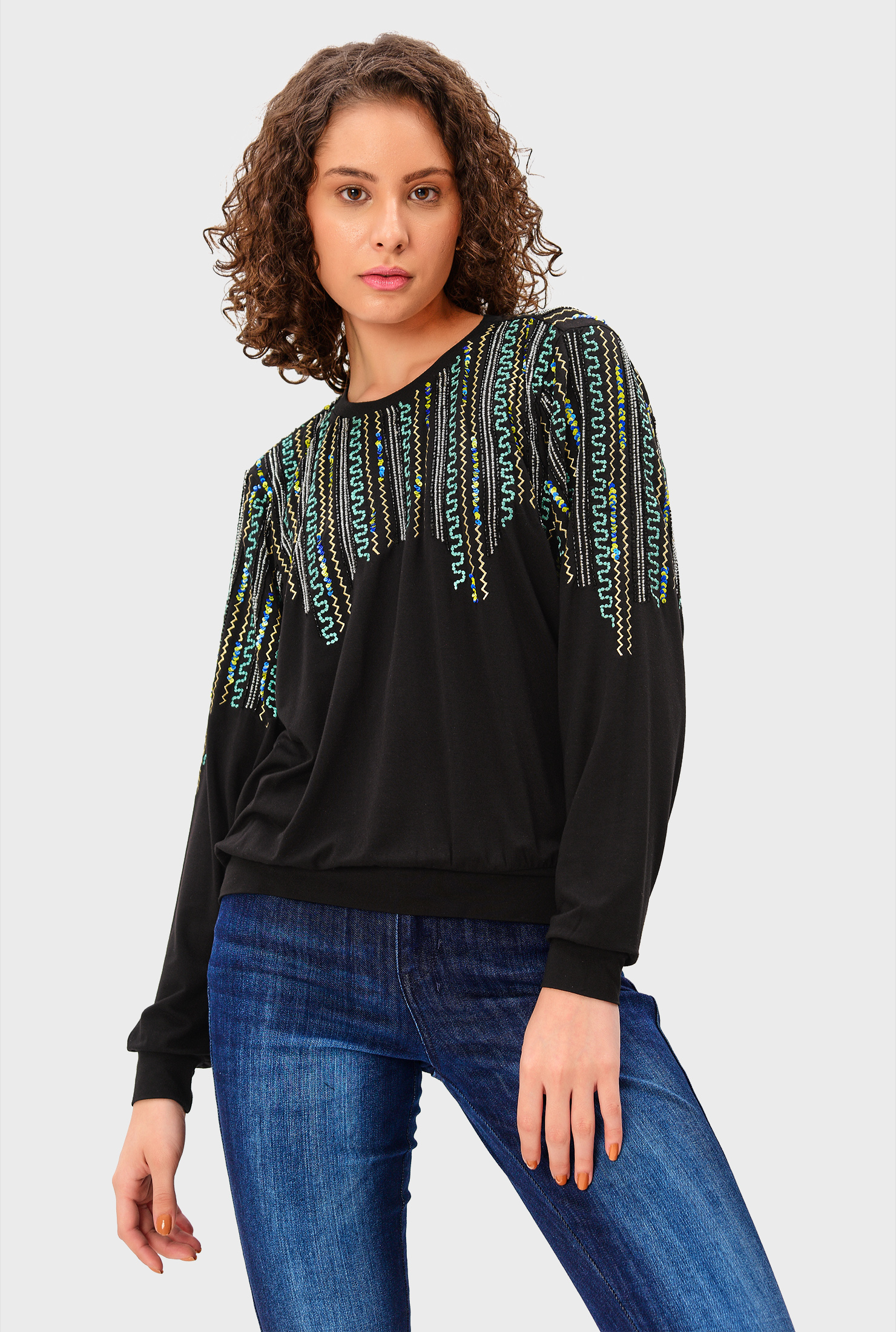 Shop Graphic sequin bead embroidery jersey knit top | eShakti