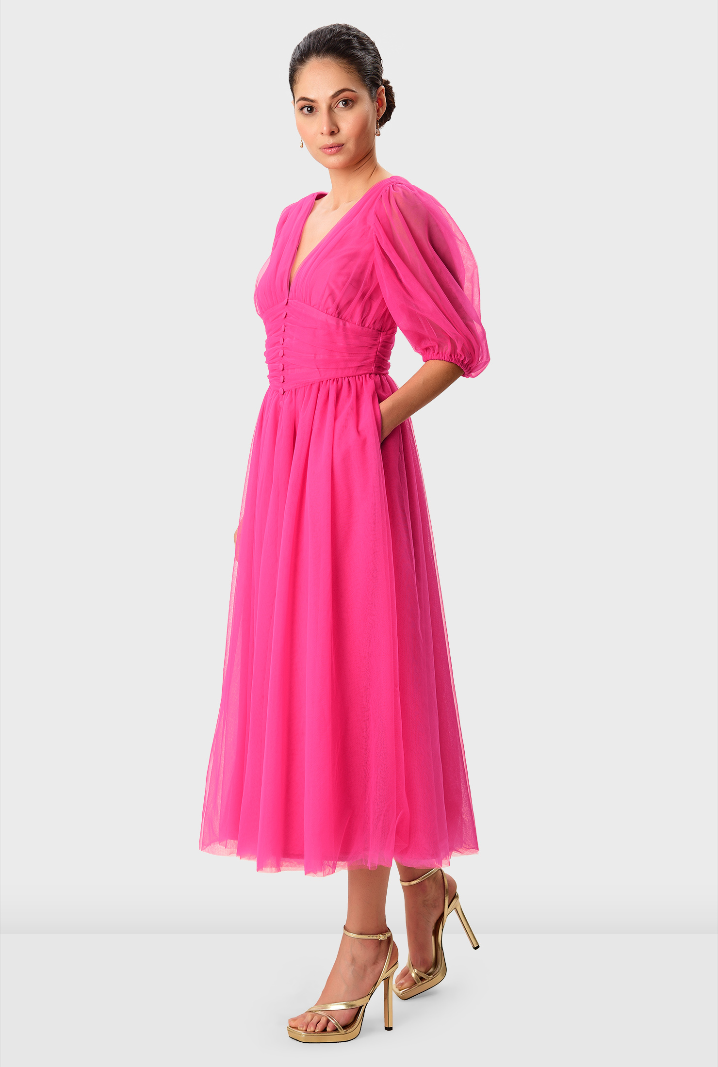 Shop Pleat waist sheer mesh midi dress | eShakti