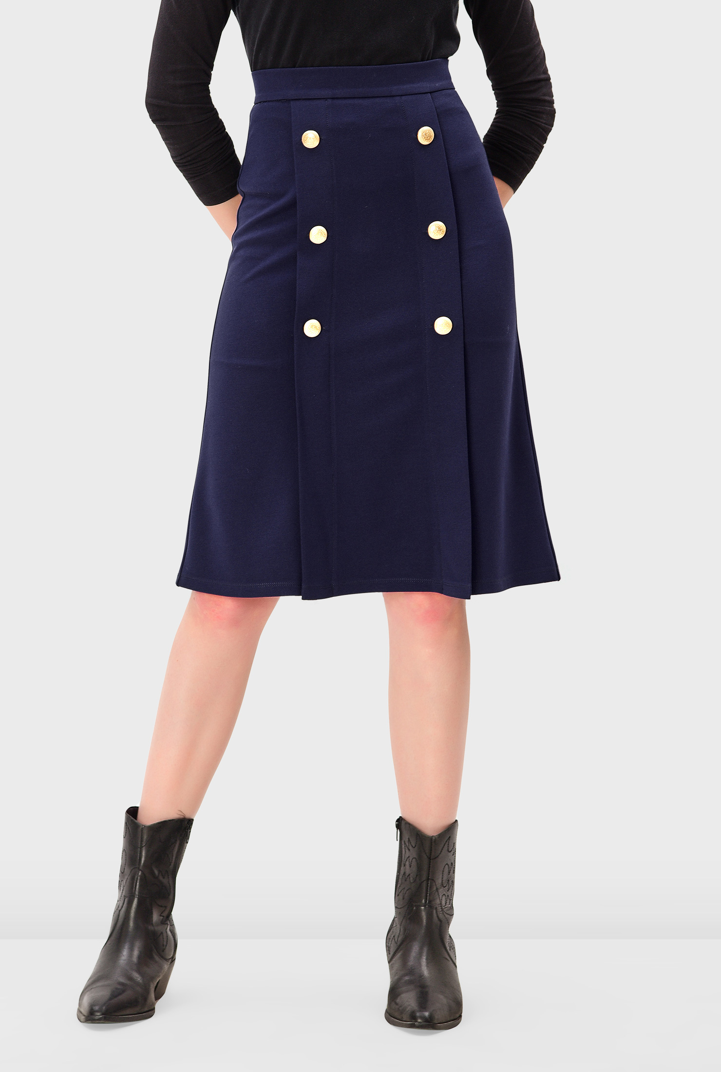 Shop Gold-tone button ponte knit skirt | eShakti