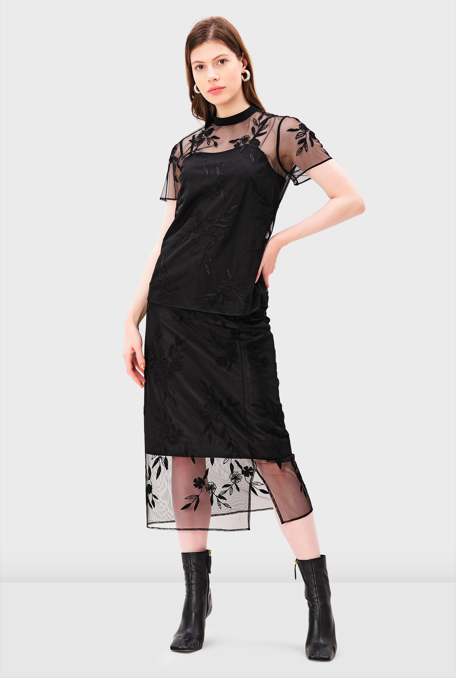 Shop Floral embroidery sheer tulle top | eShakti