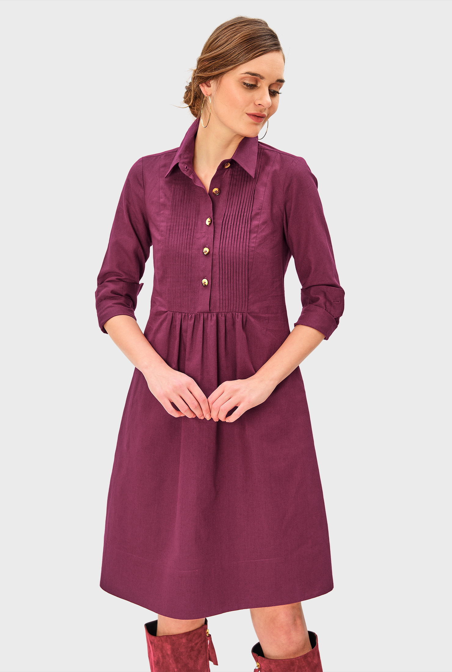 Shop Pintuck bib front cotton linen shift shirtdress | eShakti