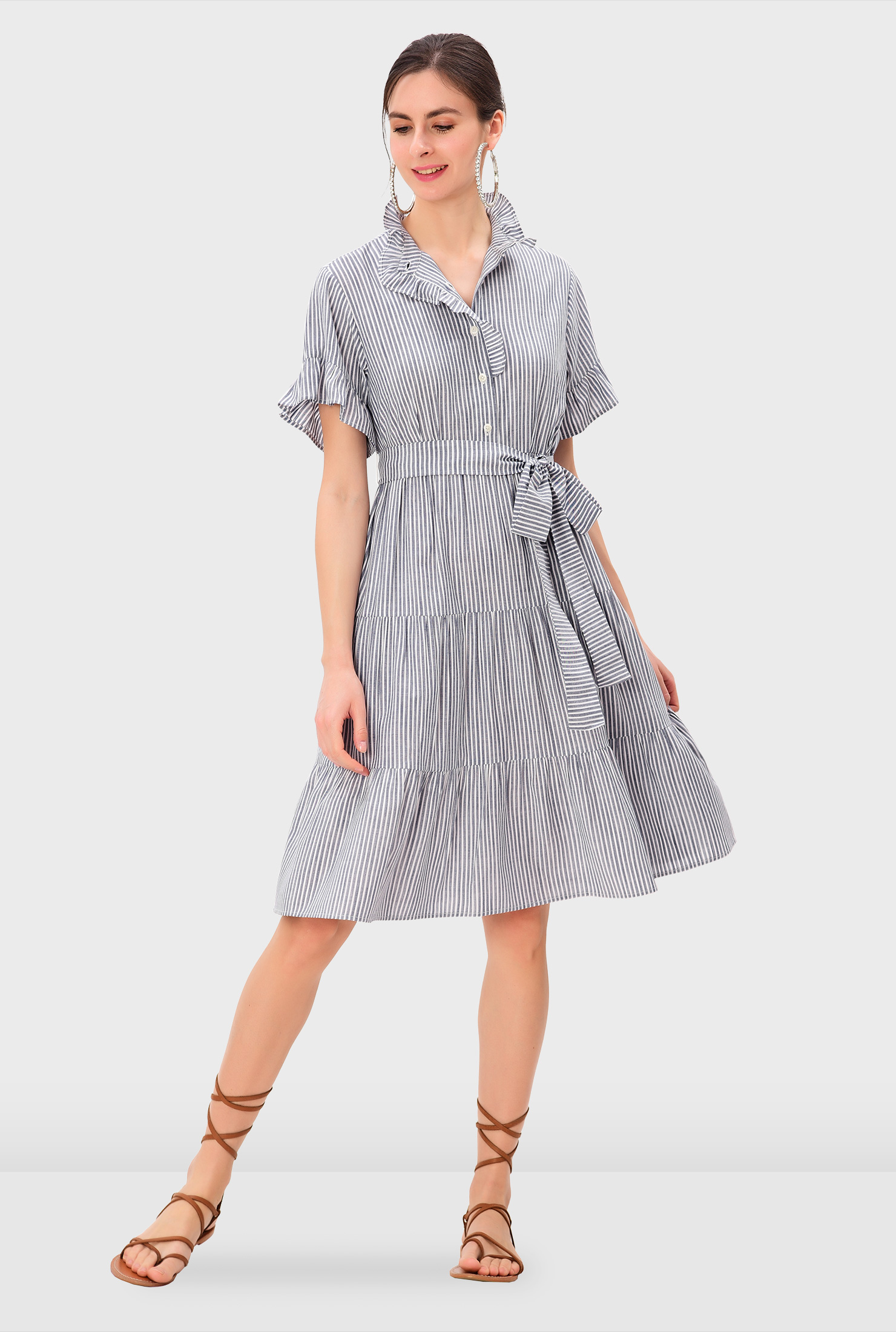 Shop Ruffle frill stripe cotton ruched tier dress | eShakti