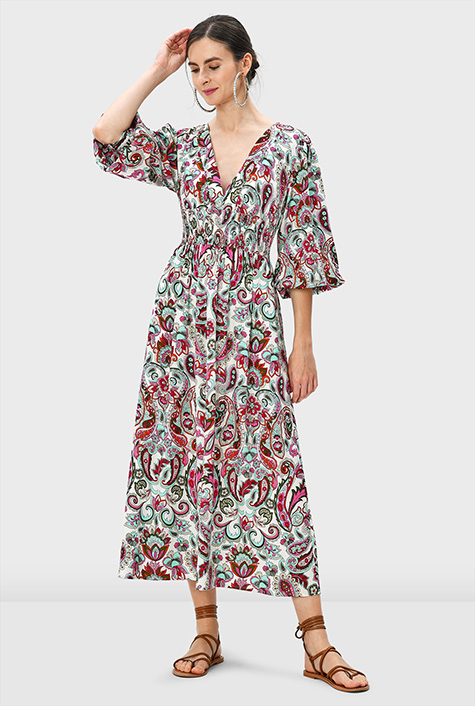 Shop Floral paisley print rayon smocked waist dress | eShakti