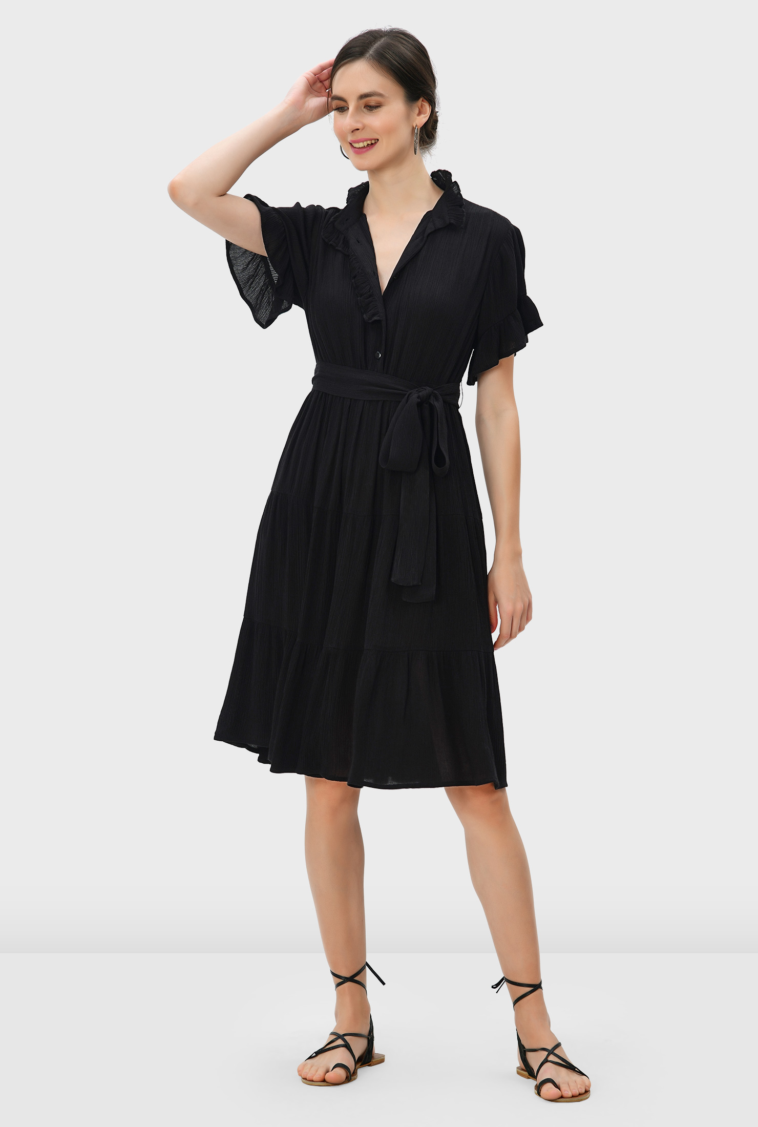 Shop Ruffle frill rayon crinkle ruched tier dress | eShakti